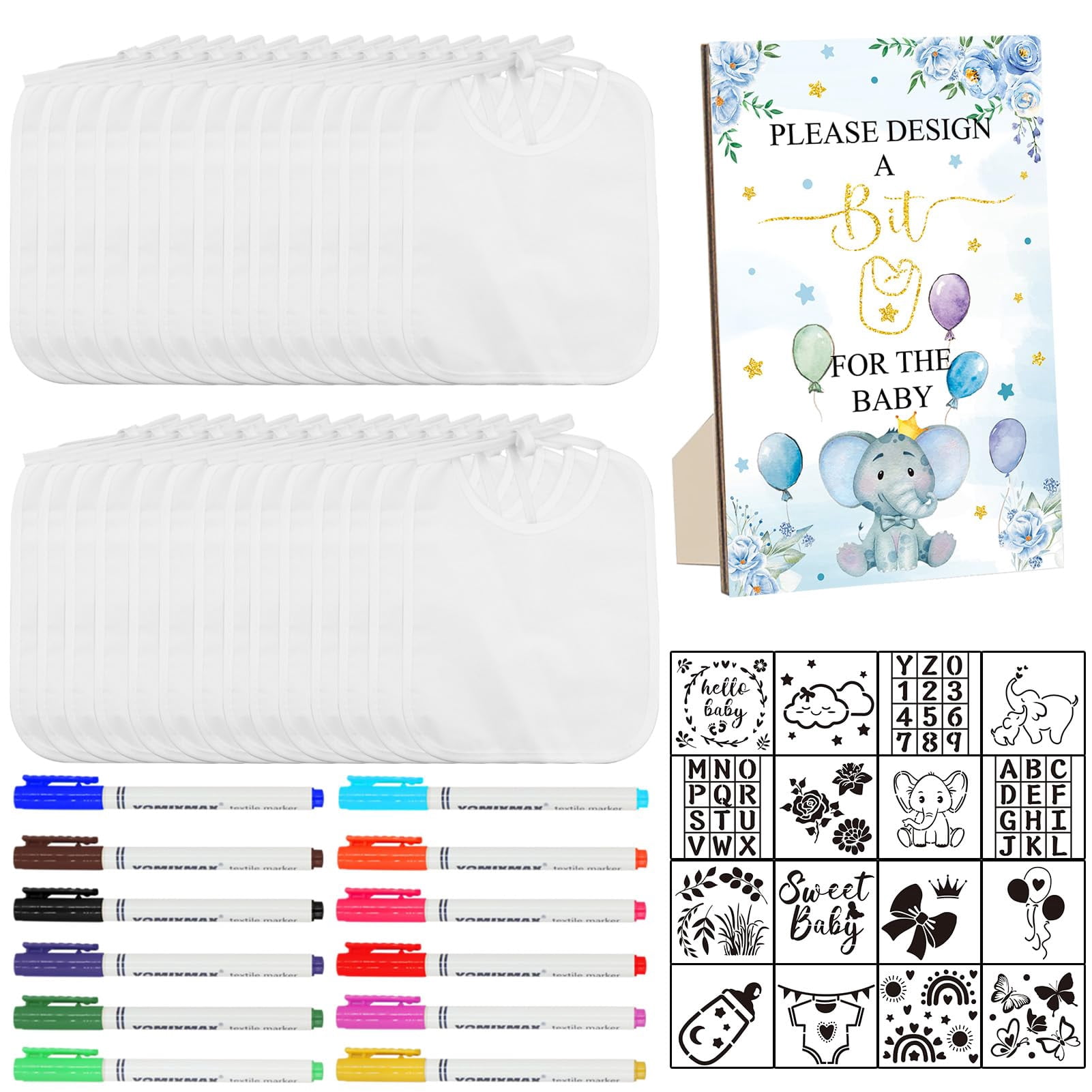 59Pcs Diy Baby Bib Blue Elephant Decorating Set Baby Shower Game ...