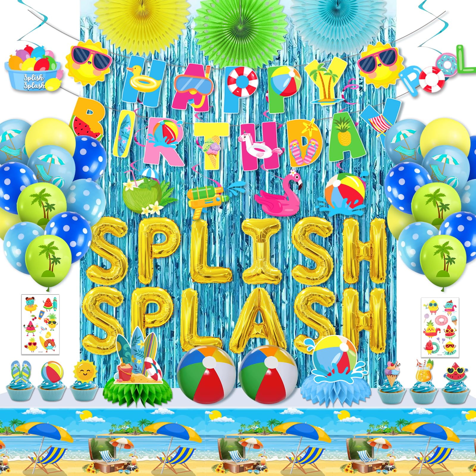59Pcs Splish Splash Birthday Decorations, Pool SMRBirthday Party Happy ...