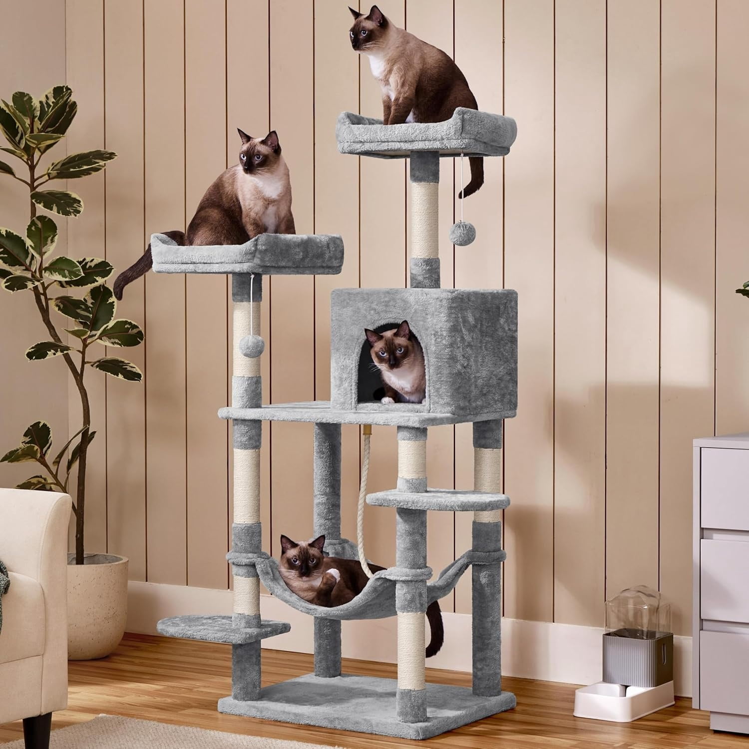 59in Cat Tree for Multiple Cats, Multi-Level Activity Tower w/Hammock ...