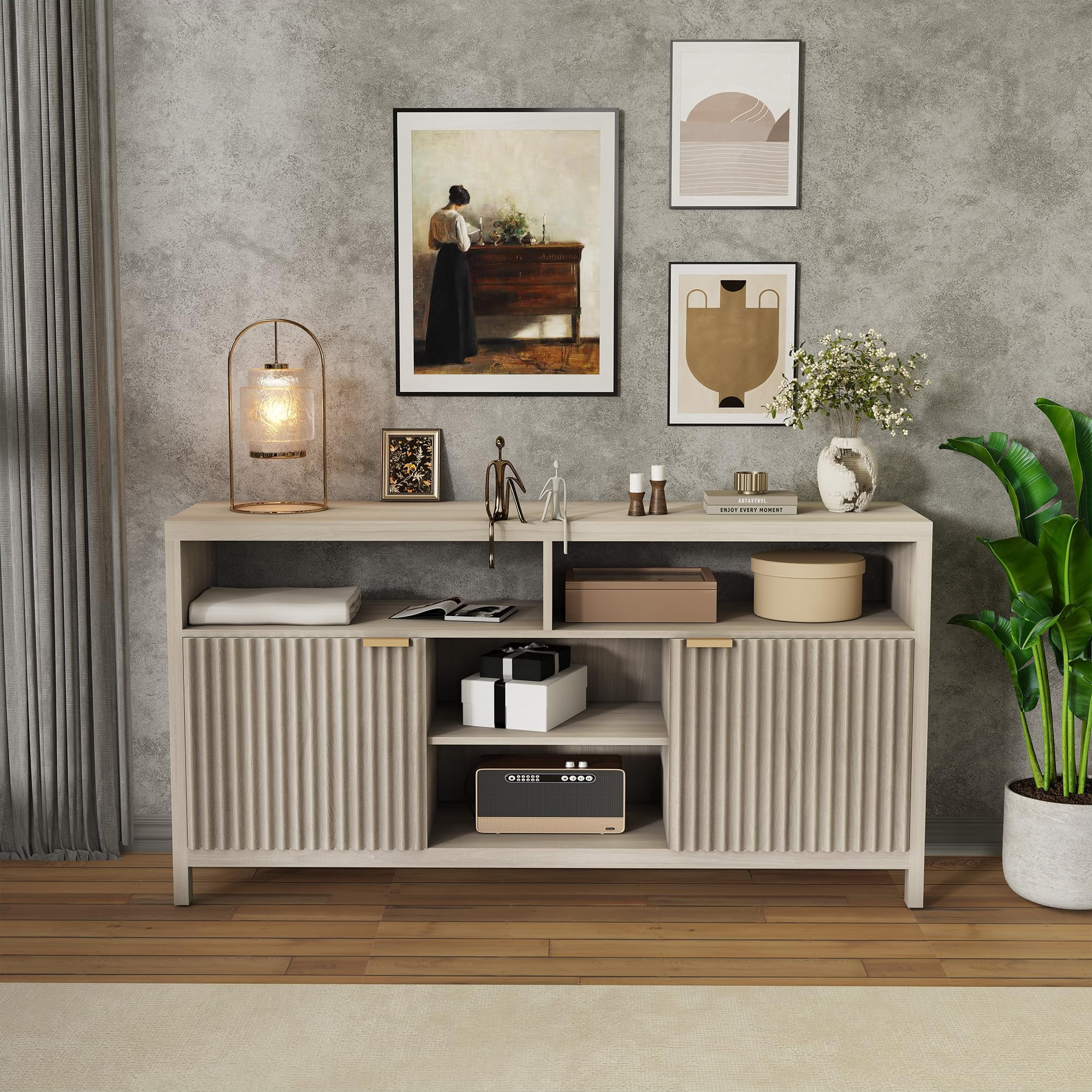59in Fluted TV Stand, TV Console Table Entertainment Center Modern Wood ...