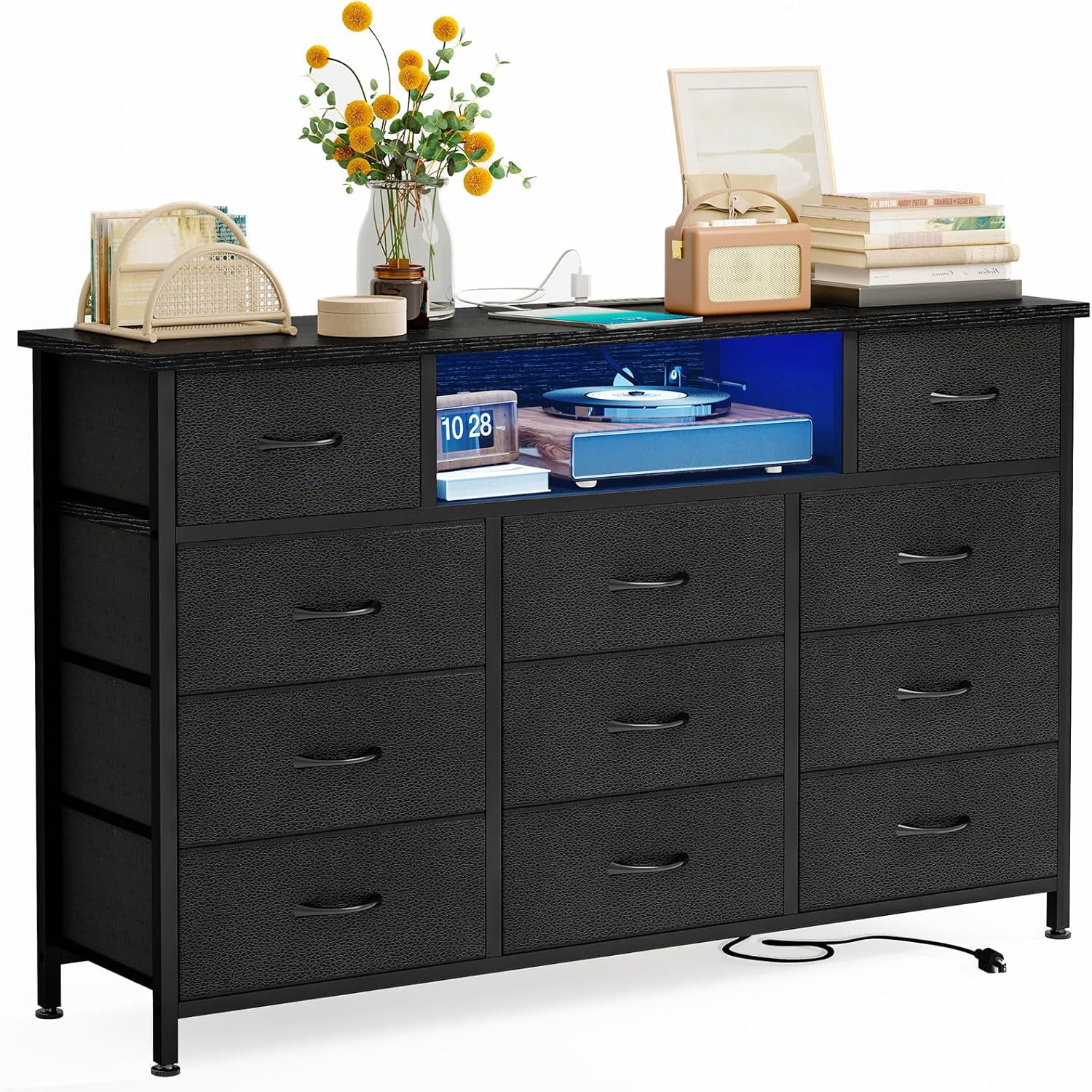 59in Long Black Dresser for Bedroom TV Stand with Charging Station and ...