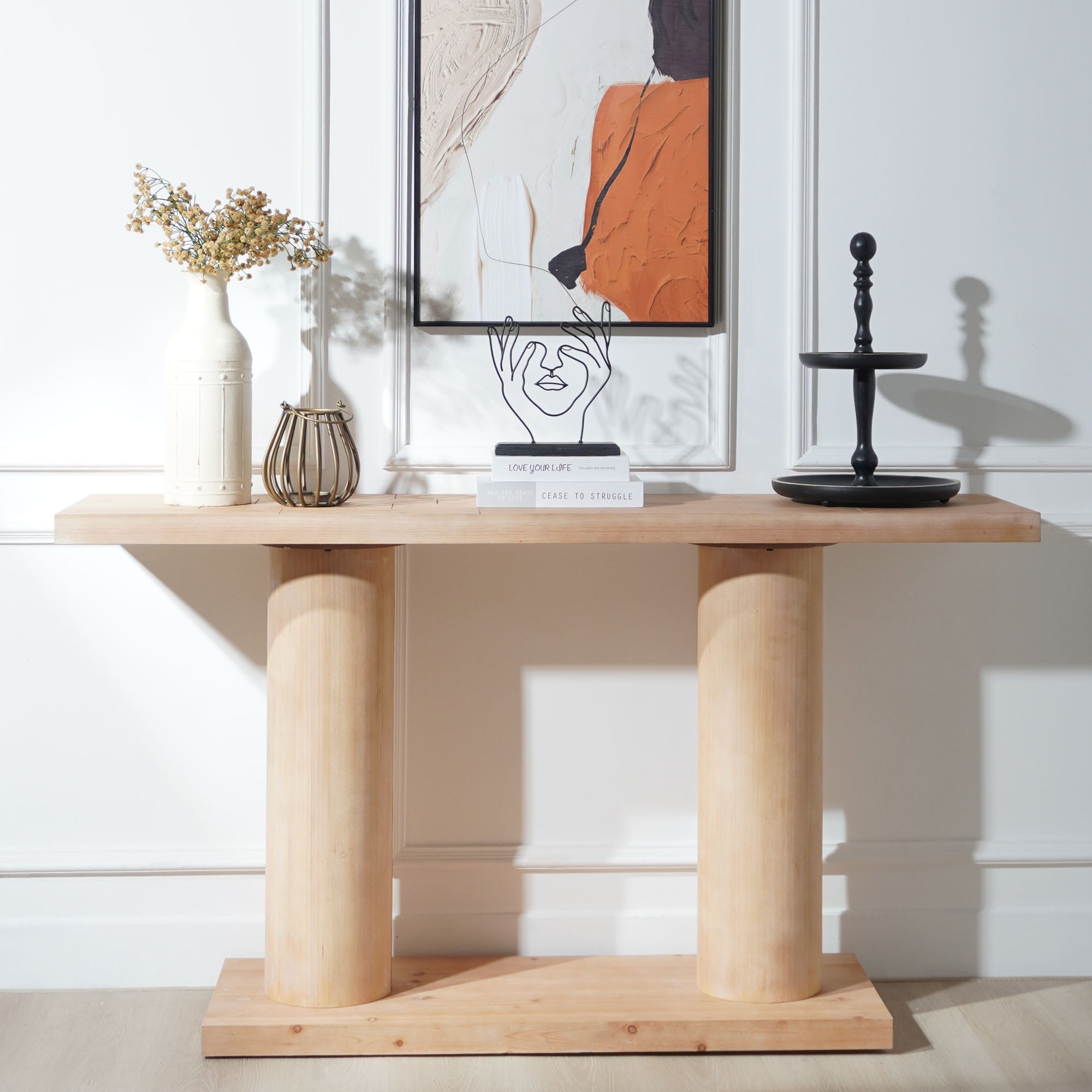 59in Modern Minimalist Wooden Console Table with Column Pedestal Design ...