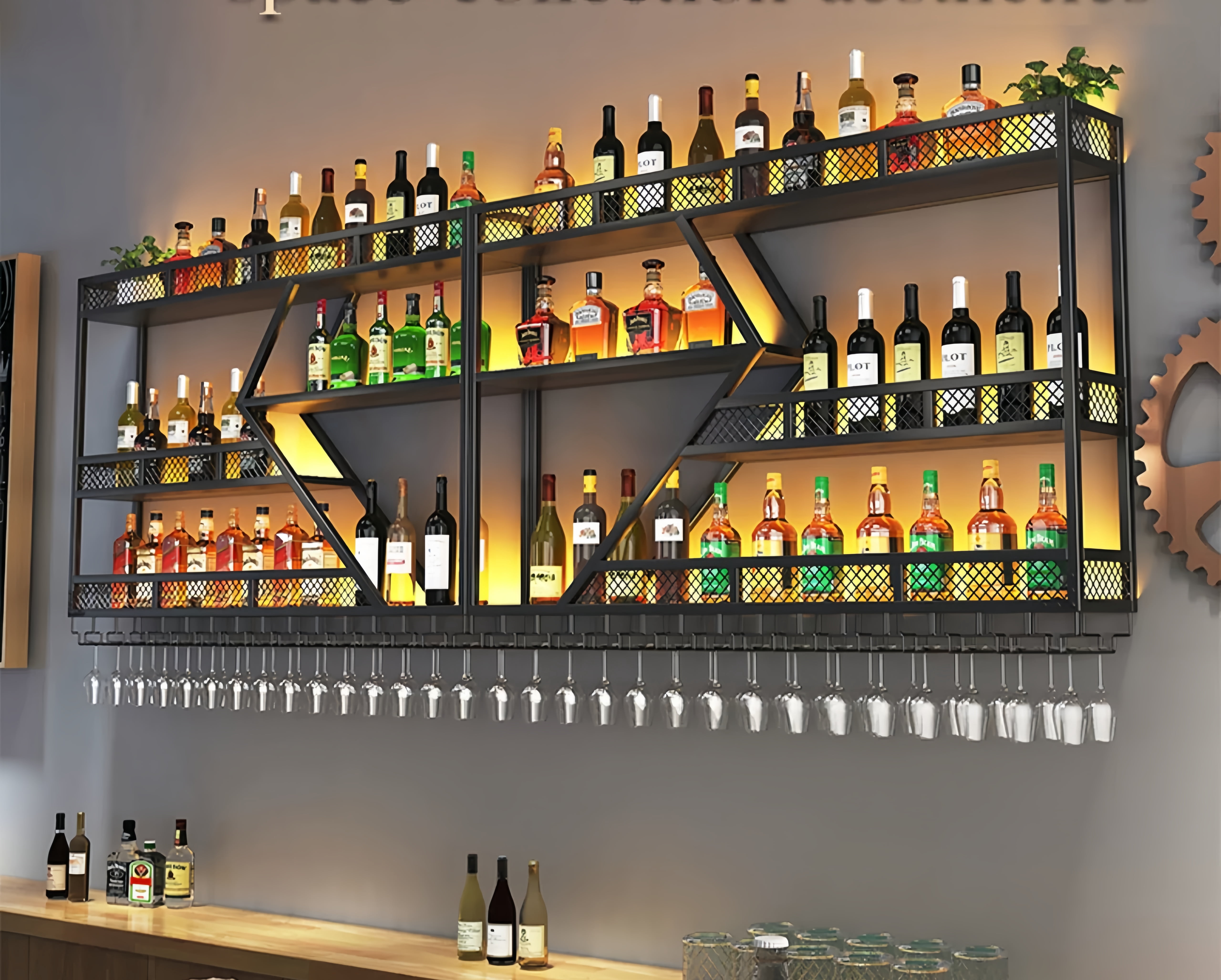 Pikysailed 59in Modern Wall Mounted Wine Rack w/ LED Light, Metal Bar ...