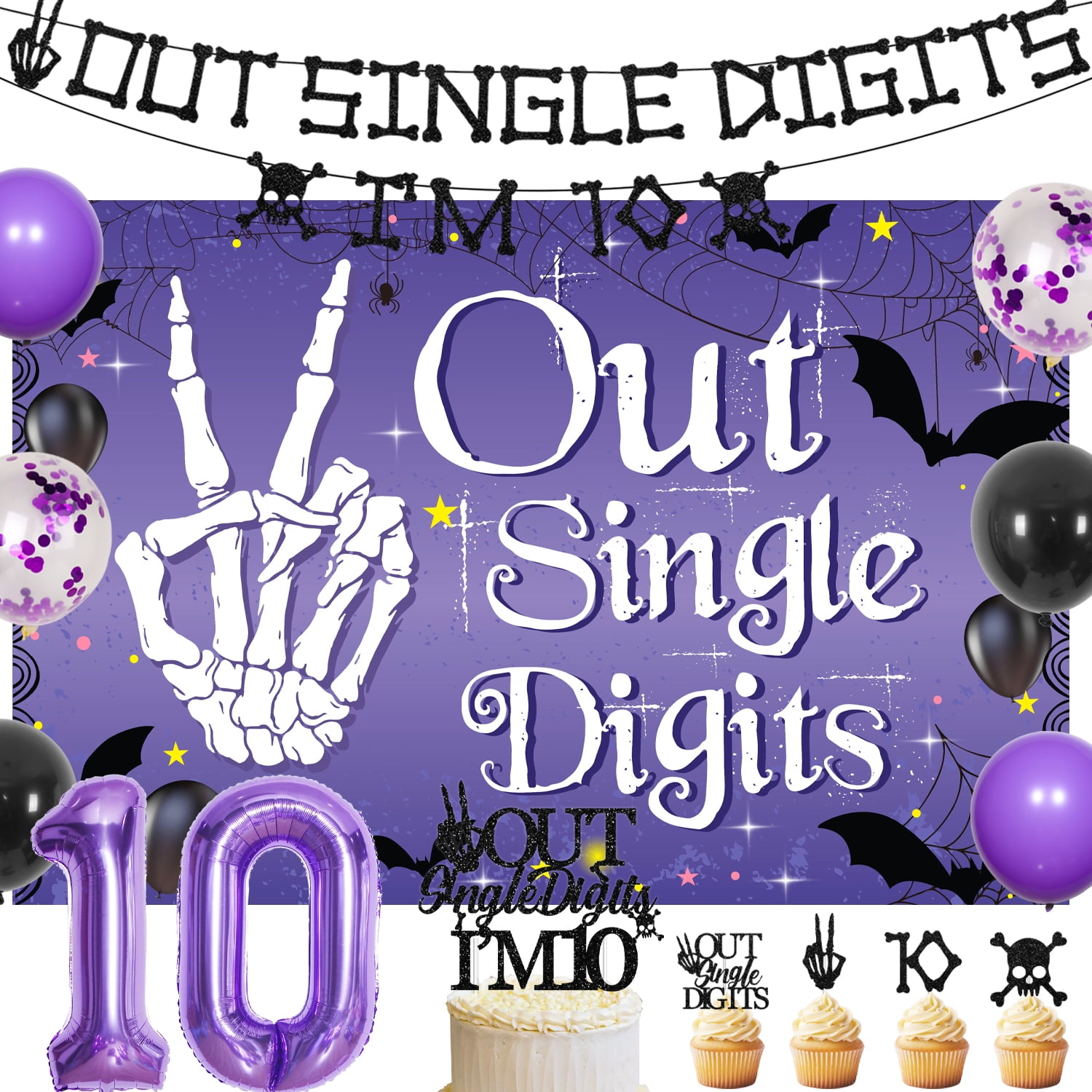 59pcs OUT SINGLE DIGITS I'm Theme 10th Birthday Decorations, Black ...