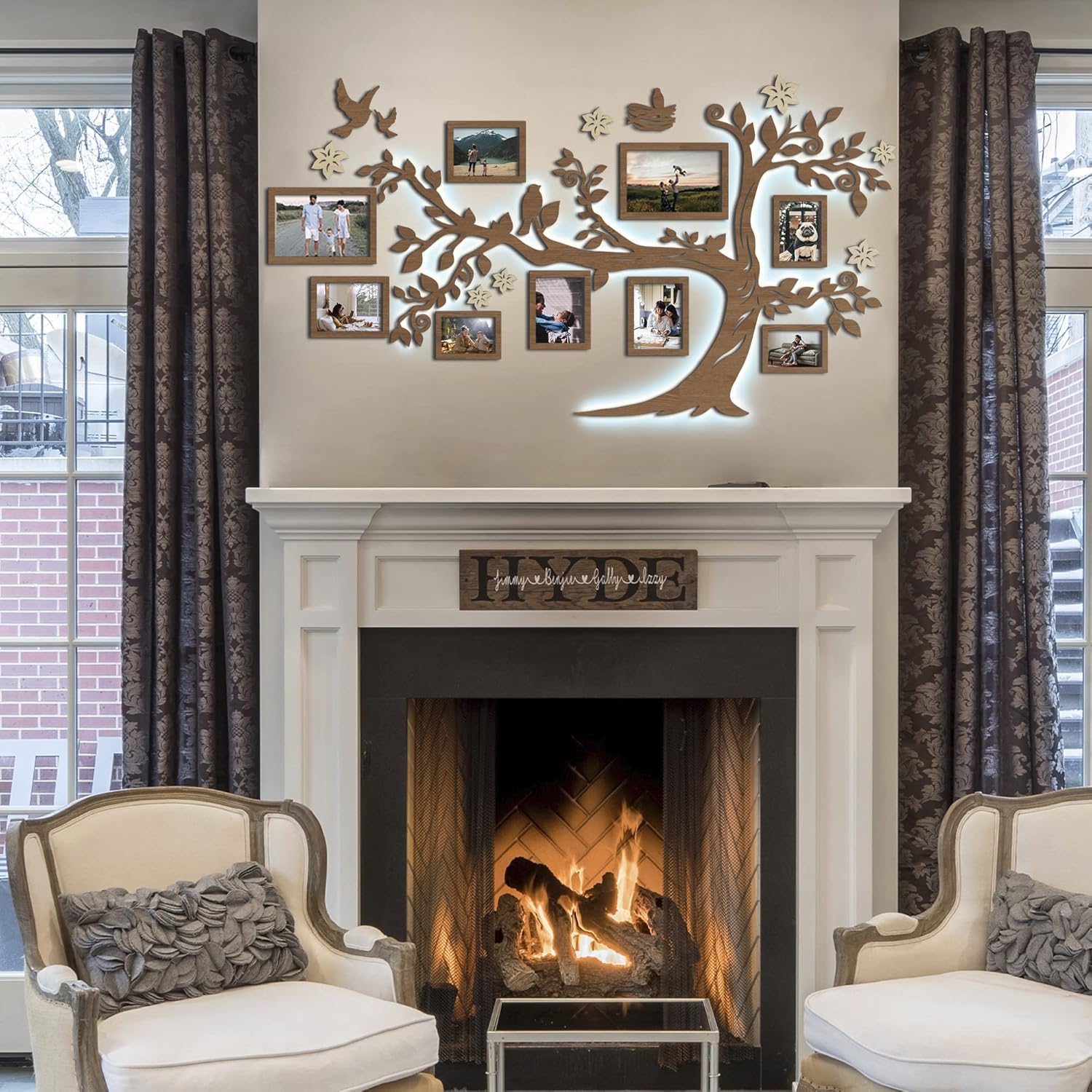 59x33" Large Home Decor LED Wood Family Tree Wall Decal with Frame ...