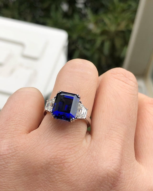 5CT Emerald Cut Three-Stone Royal Blue Stone Center Stone with Tapered ...