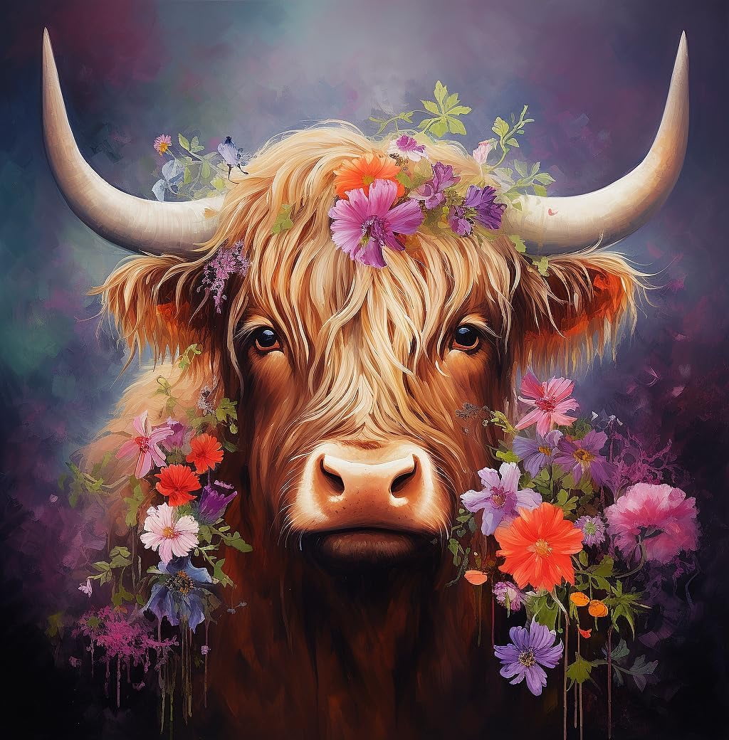 5D DIY Diamond Painting Set "Animal Highland Cattle Wreath" Round Diamond Art Crafts for Adults ...