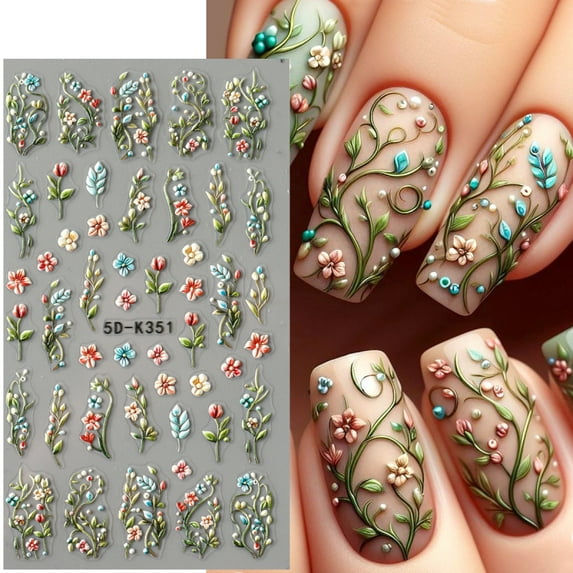 5D Daisy Embossed Nail Stickers Spring Fresh Floral Designs Acrylic ...