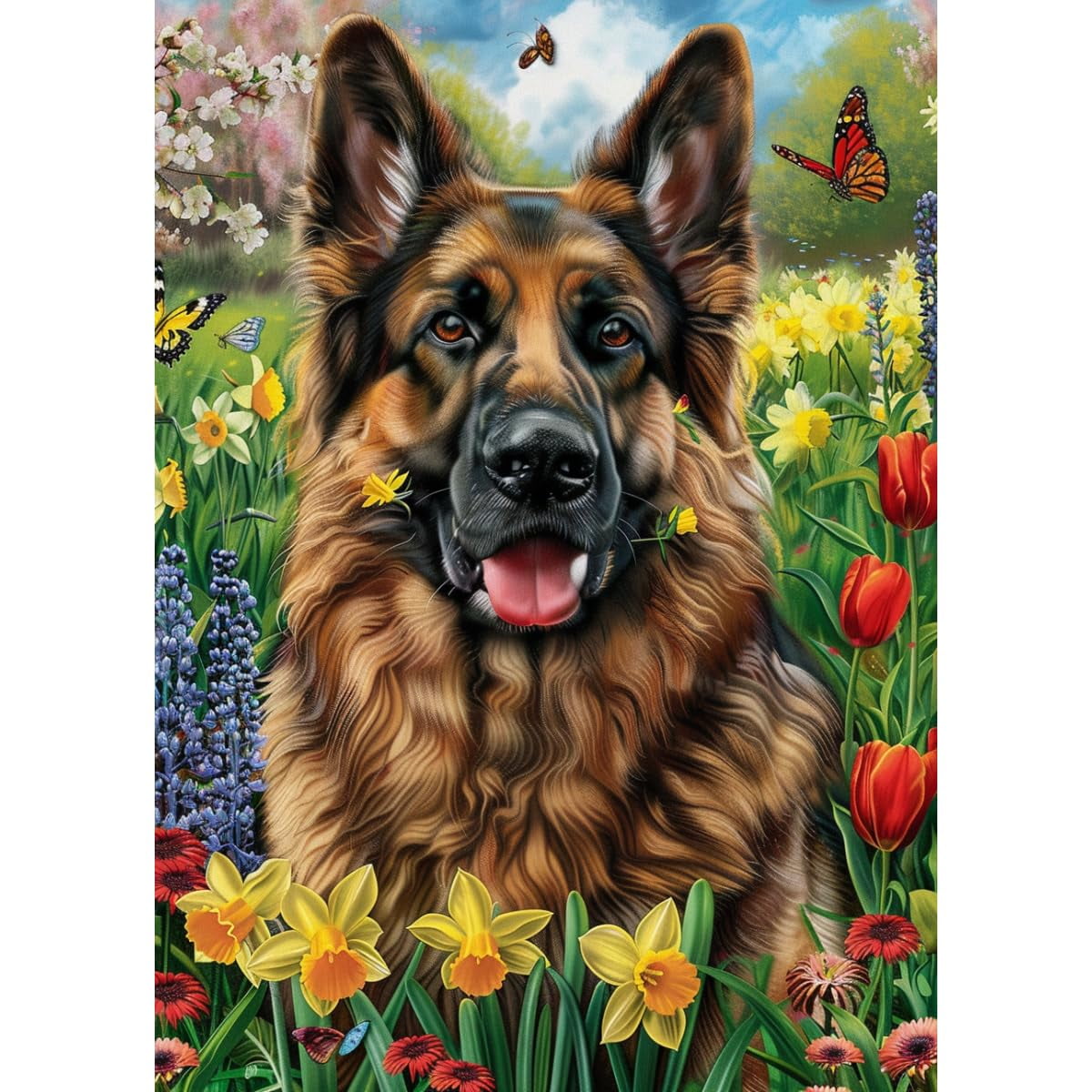 5D Diamond Art German Shepherd in Flowers Field DIY Paint with Full ...
