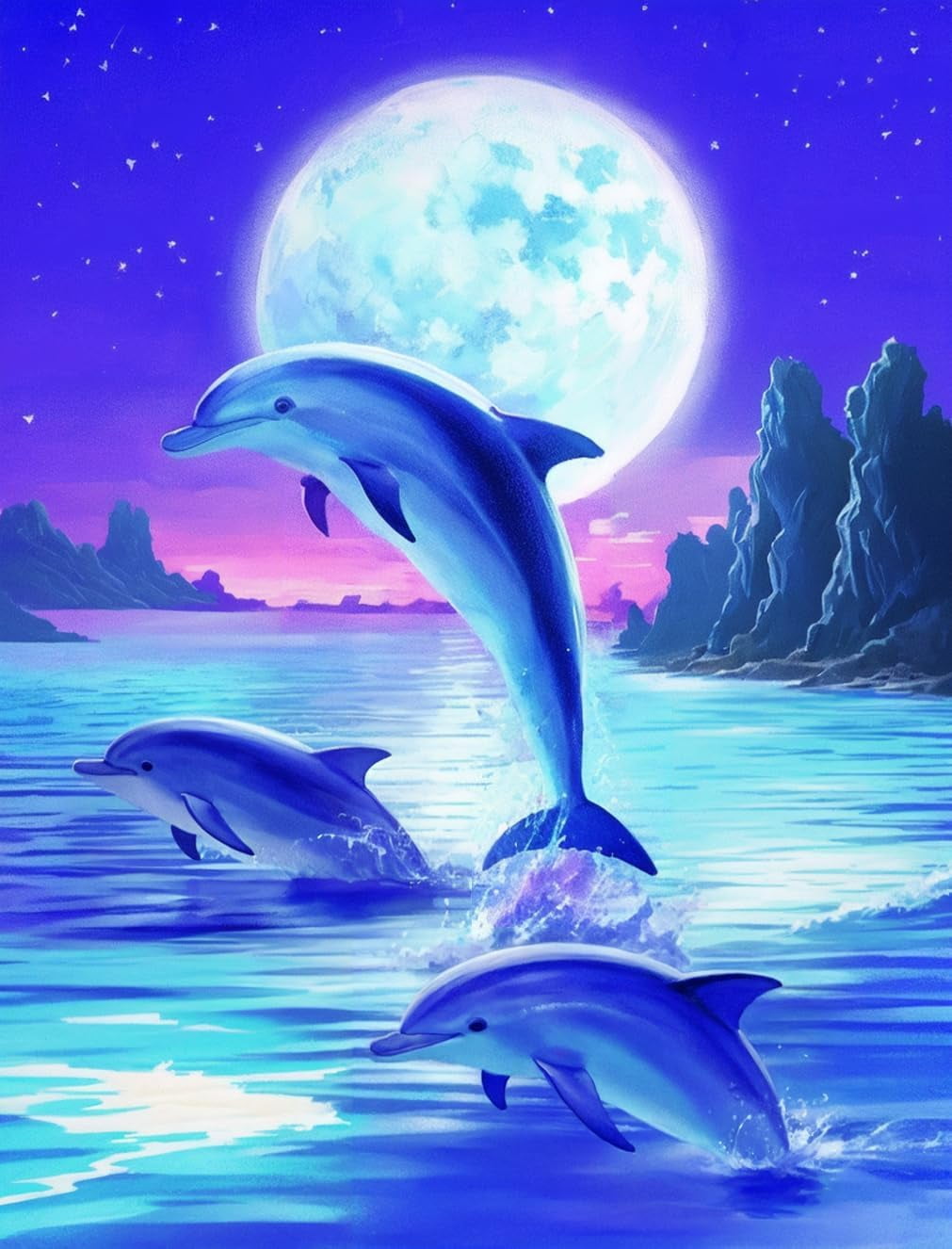 5D Diamond Painting Kits Dolphin Moon, Full Drill Ocean Landscape DIY ...