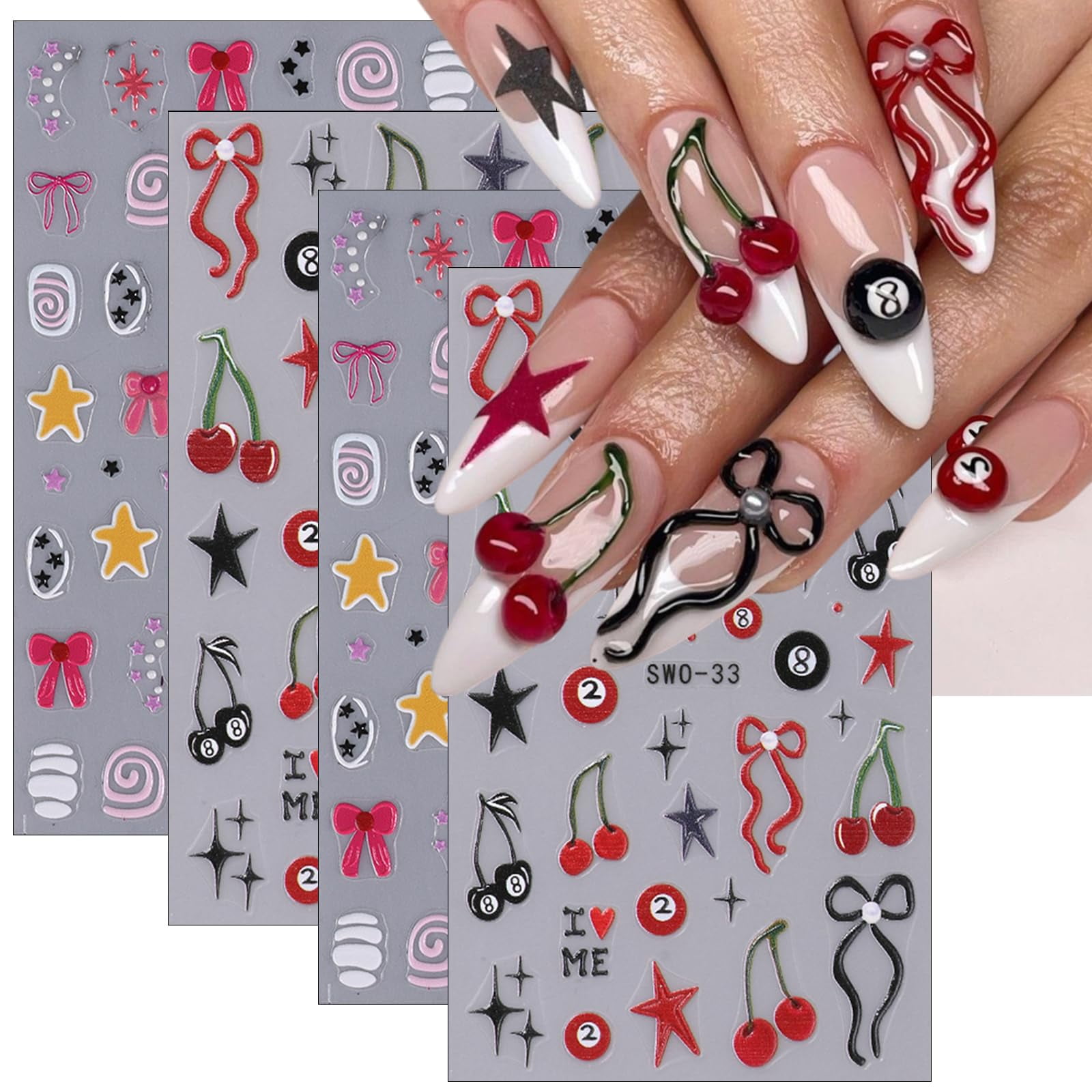 5D Embossed Cherry Nail Stickers Self Adhesive Black Red Bow Nail Art ...