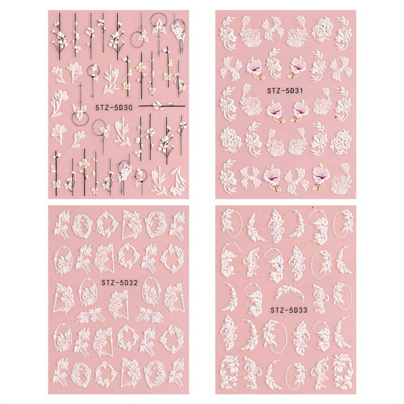 5D Embossed Flower Nail Art Stickers 4 Sheets Self-Adhesive Decals ...