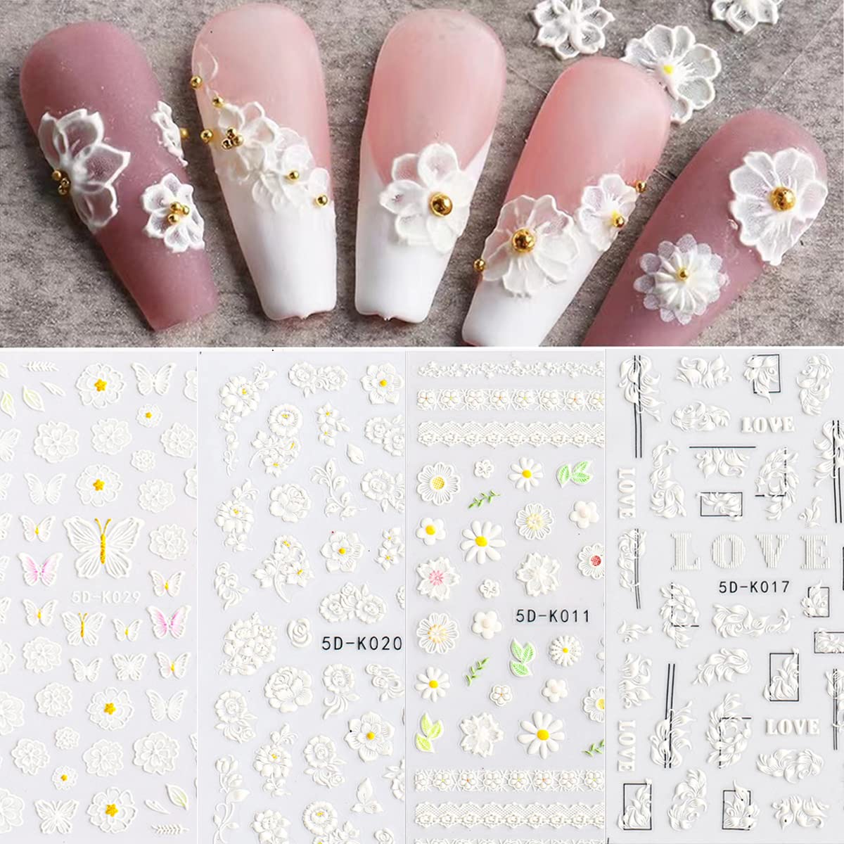 5D Embossed Flower Nail Art Stickers, 6 Sheets Self-Adhesive Nail ...