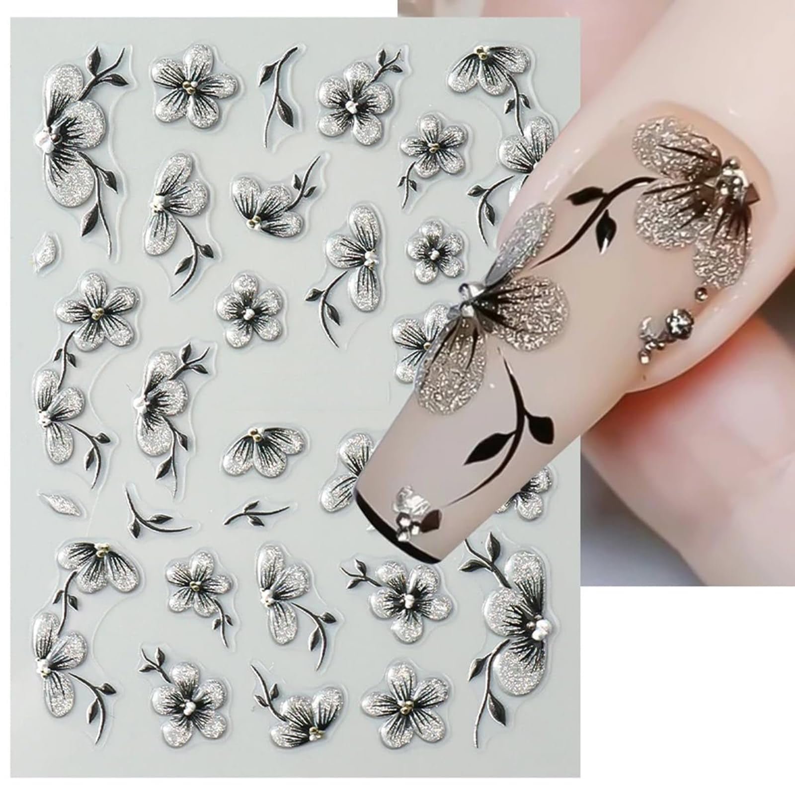 5D Embossed Flower Nail Stickers, Black Flowers Nail Art Decals Summer ...