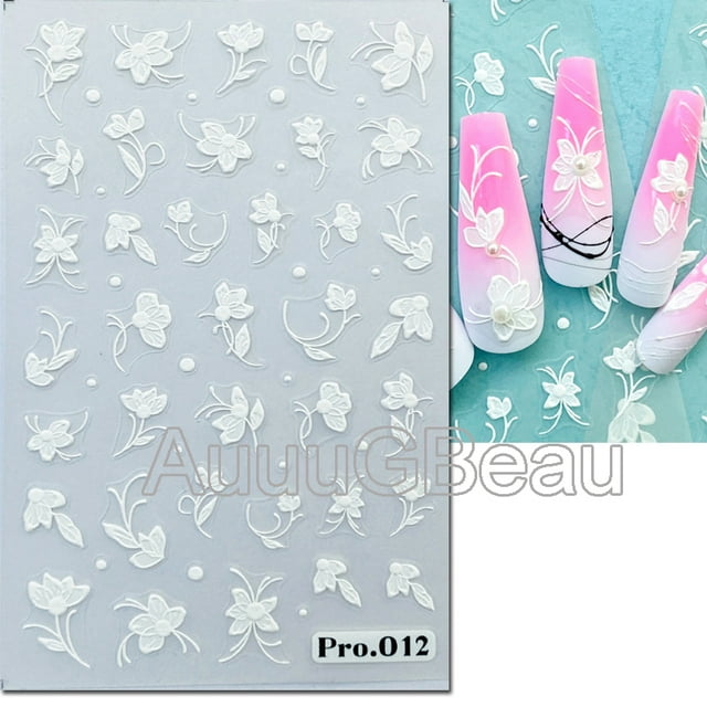 5D Embossed Nail Art Decals White Leaves Flowers Adhesive Sliders Nail ...