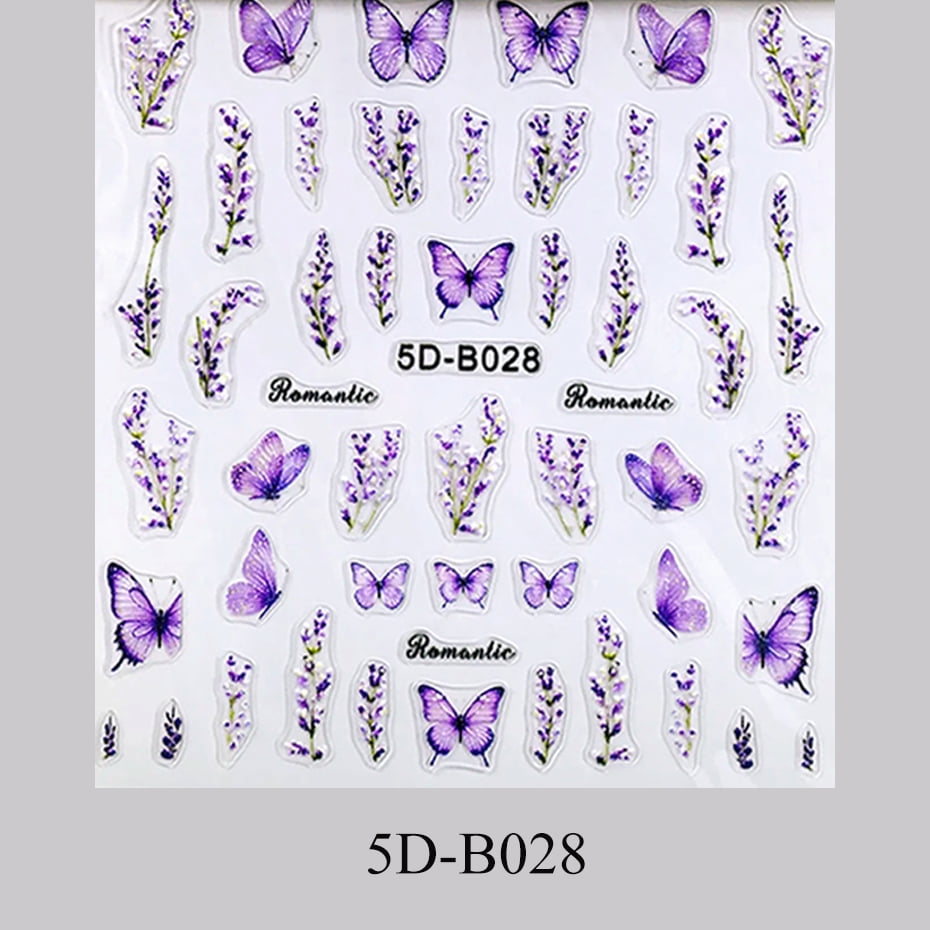 5D Embossed Summer Flowers Nail Stickers Elegant Purple Butterfly ...