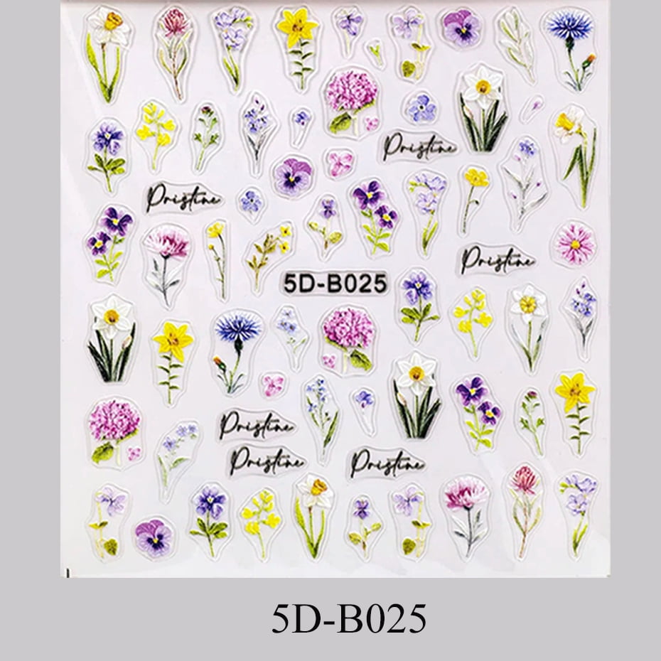 5D Embossed Summer Flowers Nail Stickers Elegant Purple Butterfly ...