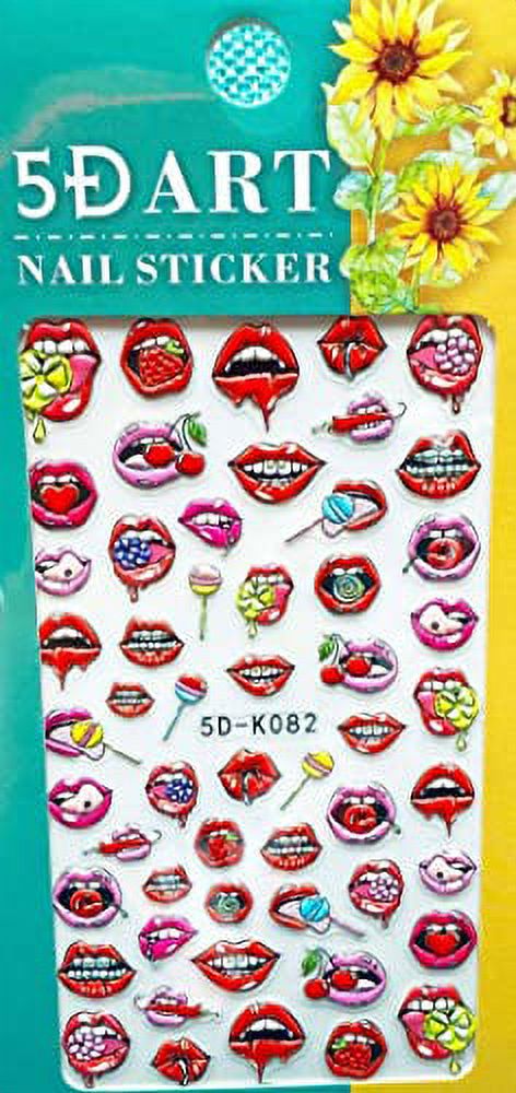5D Fingernail Art Stickers with Lips Smile Lollipop Tongue bite Lemon ...