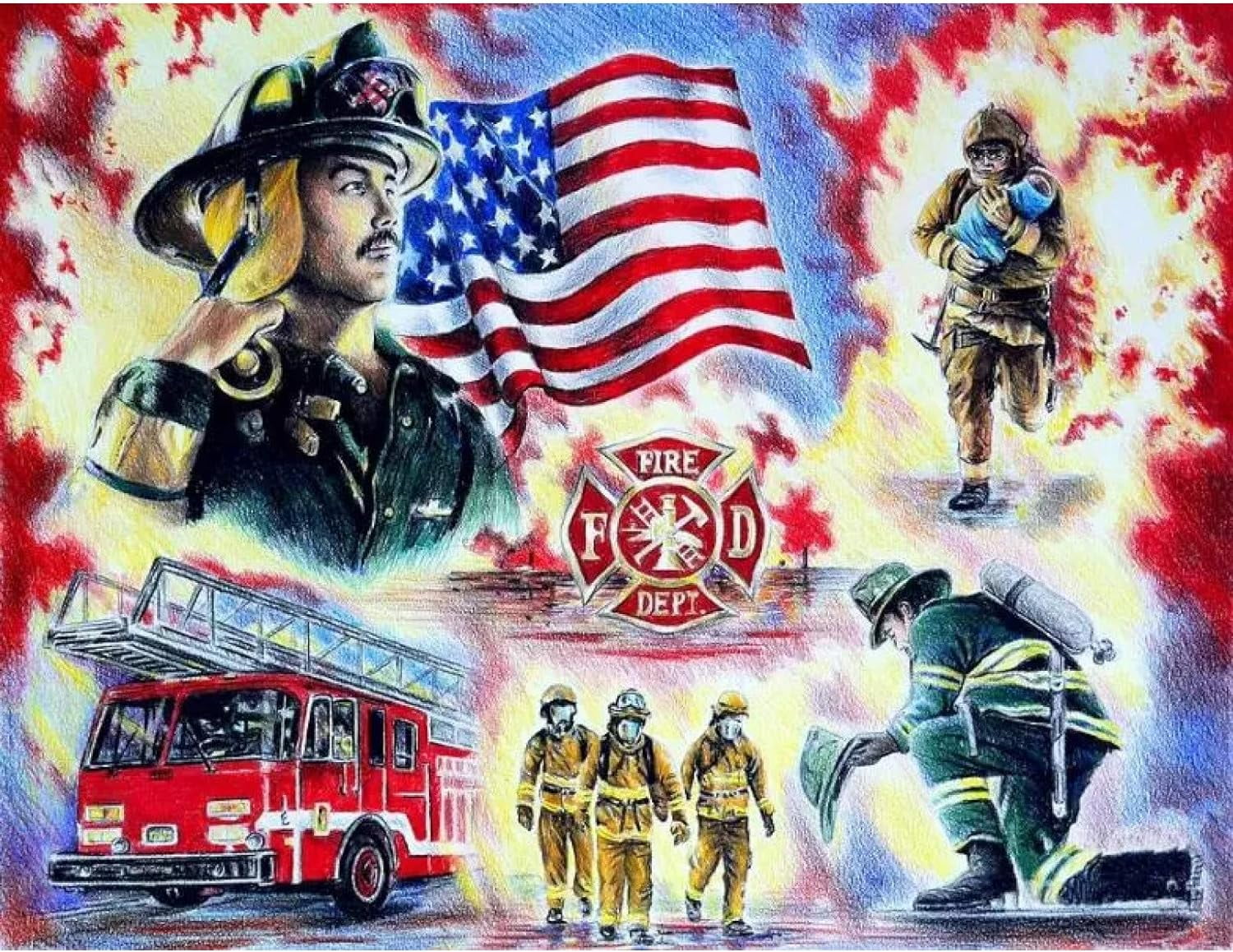 5D Firefighter Fire Truck American Flag Full Diamond Painting Cross ...