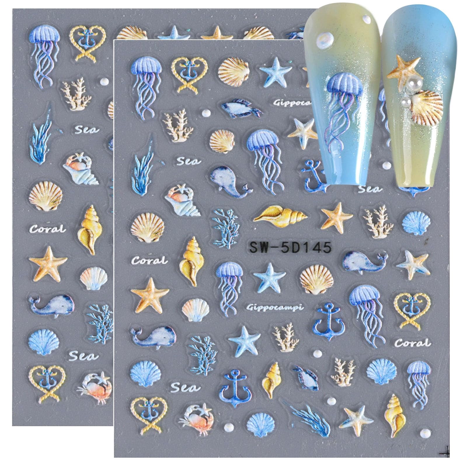 5D Ocean Theme Nail Art Stickers Self Adhesive Embossed Marine Life ...