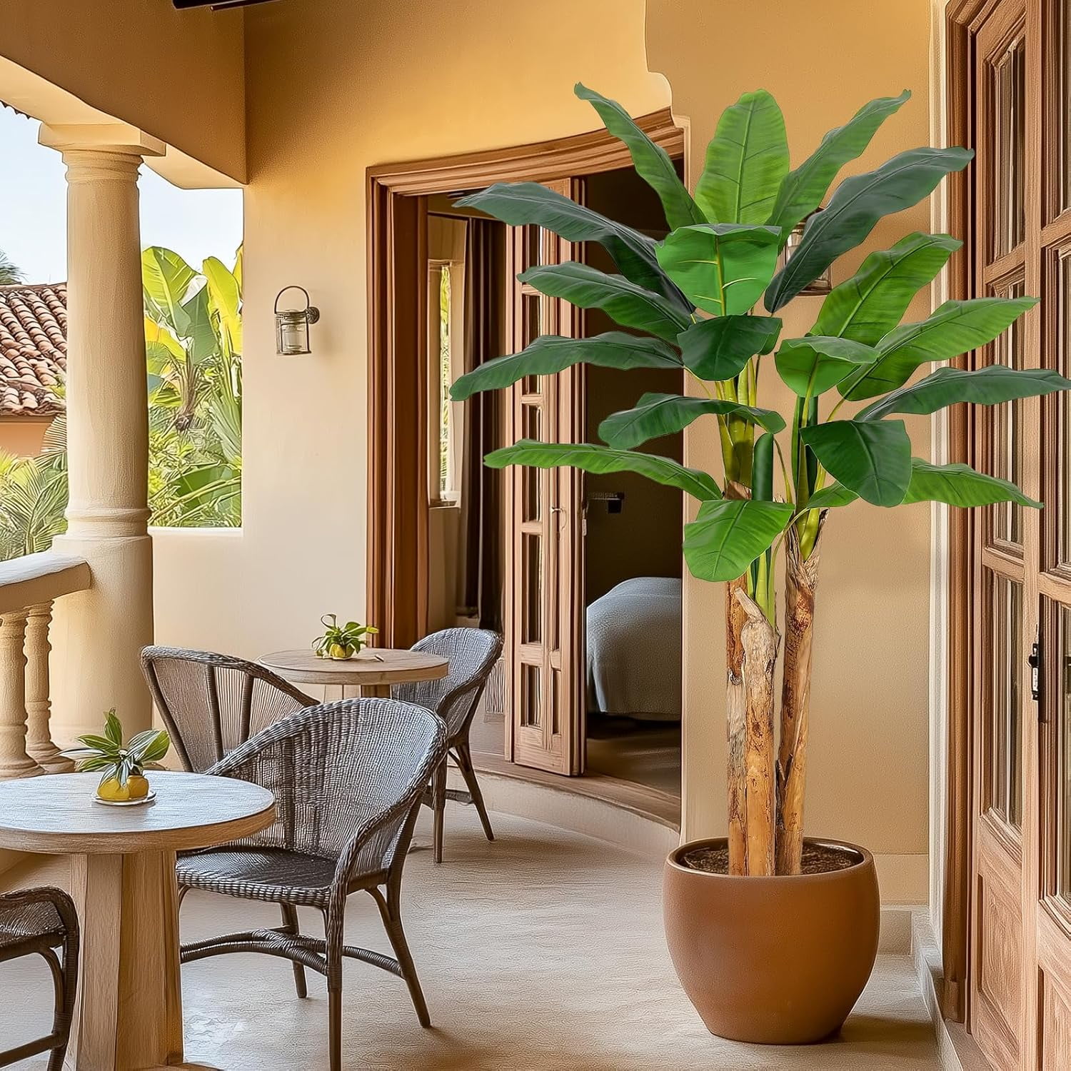 5FT/6FT/7FT Artificial Banana Tree, Faux Banana Tree with Grey Planter ...