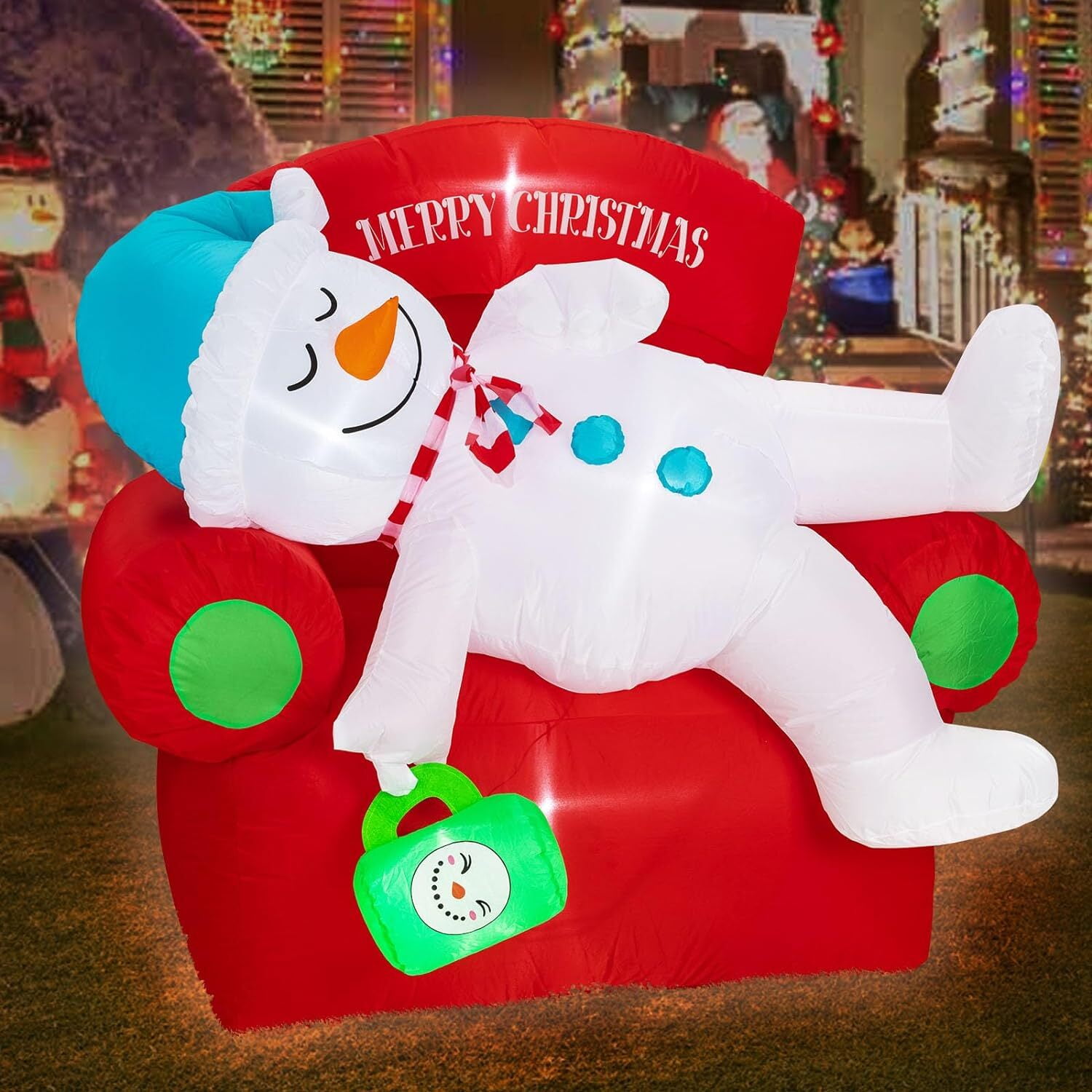 5FT Christmas Inflatable Sofa Snowman, Xmas Outside Yard Decor with LED ...