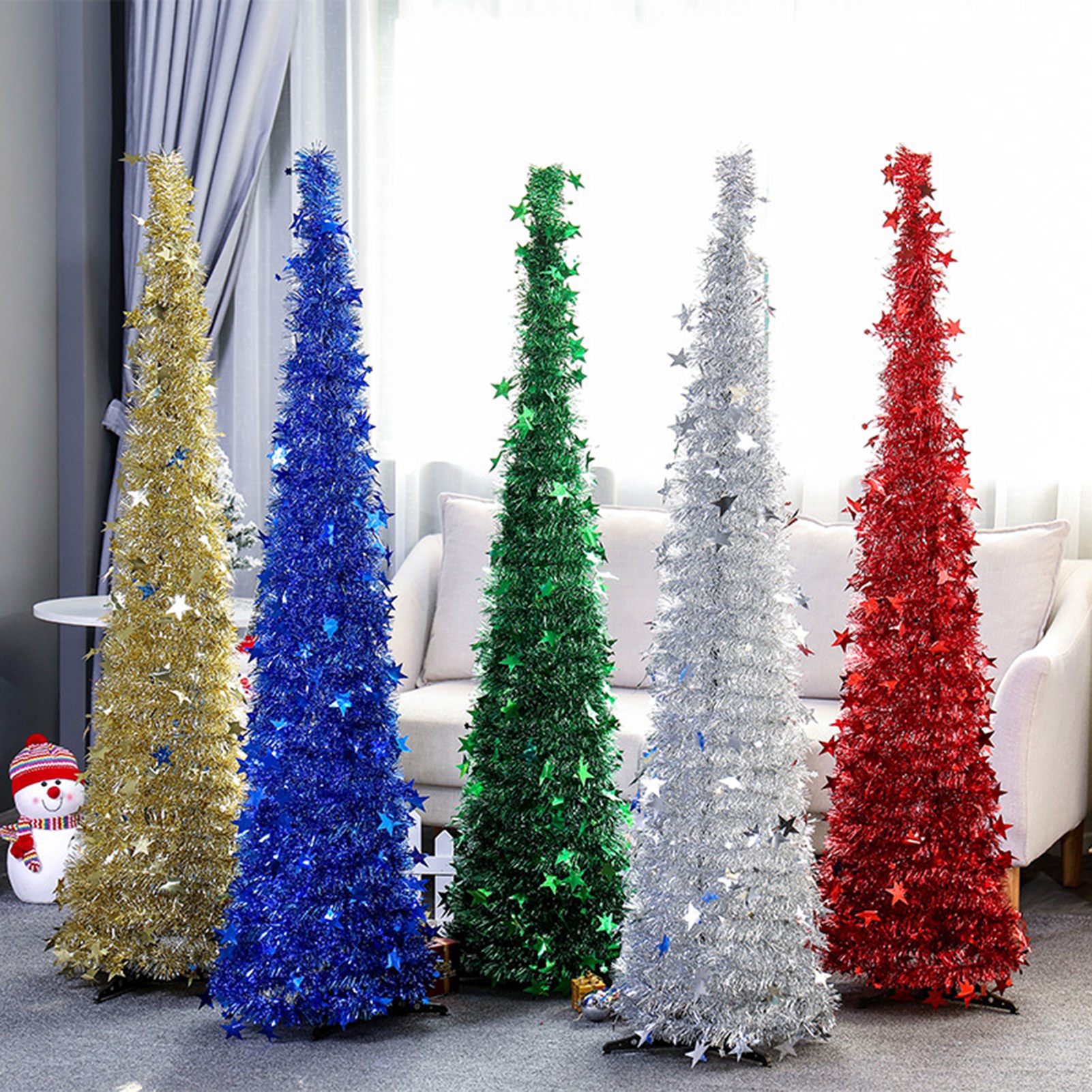5FT Christmas Pencil Tree with Stable Base and Glitter Snowflake ...
