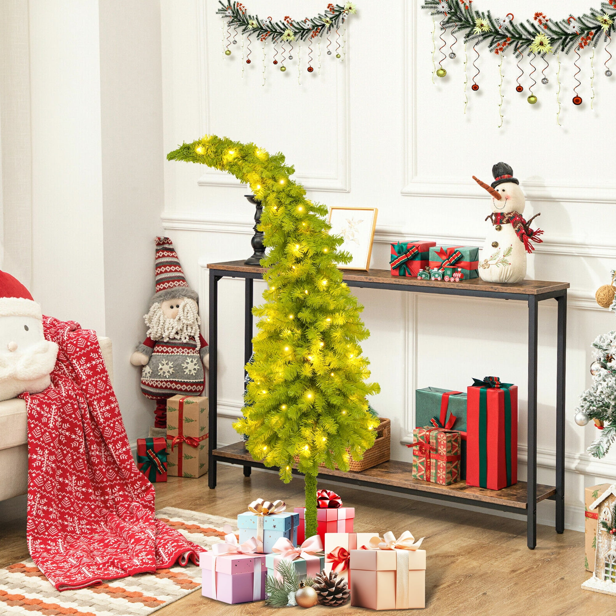 5FT Hinged Fir Artificial Fir Bent Top Christmas Tree, Xmas Tree ...