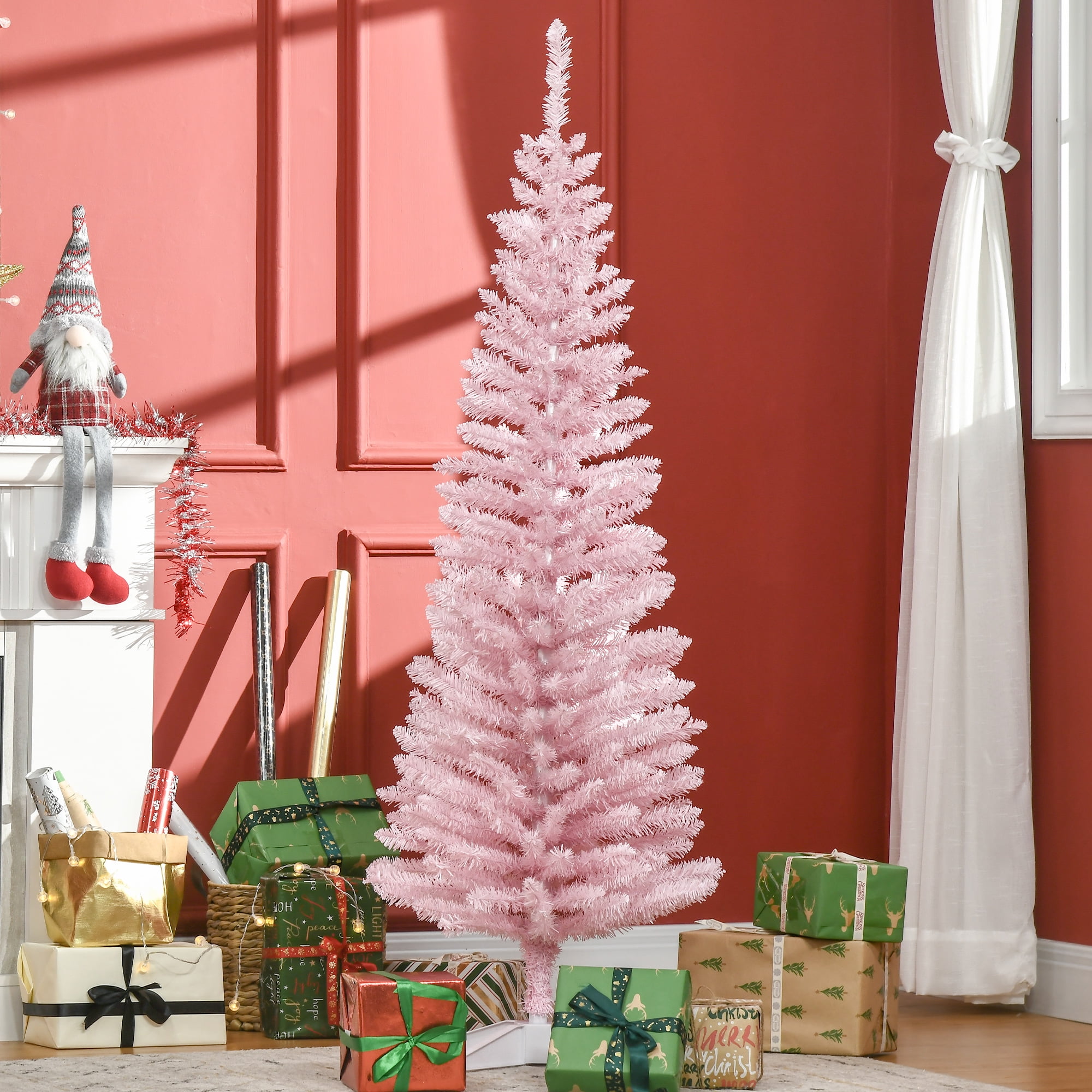 5FT Pink Slim Pencil Artificial Christmas Tree, 294 Plastic Branch Tips ...
