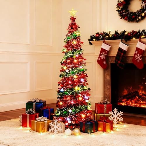 5FT Pop Up Christmas Tree with Lights, Artificial Pencil Slim Christmas ...