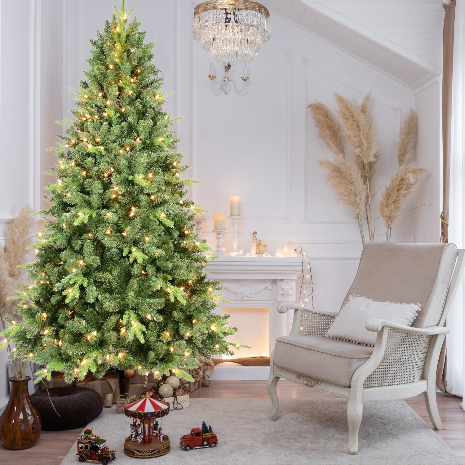 5FT Pre-Lit Christmas Tree with 300 UL Warm White Lights – Classic Green Tree with 967 PE+PVC ...