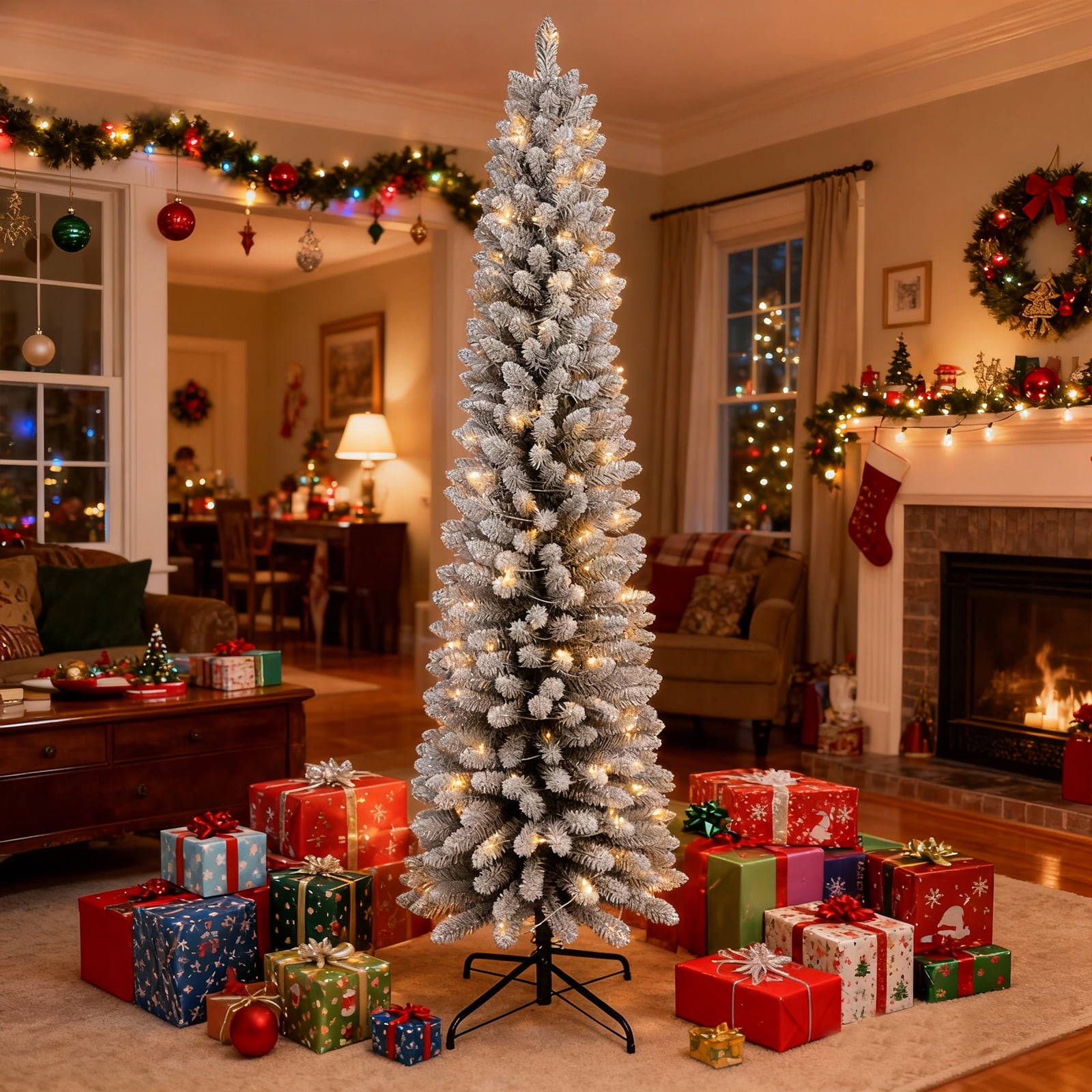 Bringstar 5FT Pre-Lit Flocked Pencil Christmas Tree, Slim Artificial ...