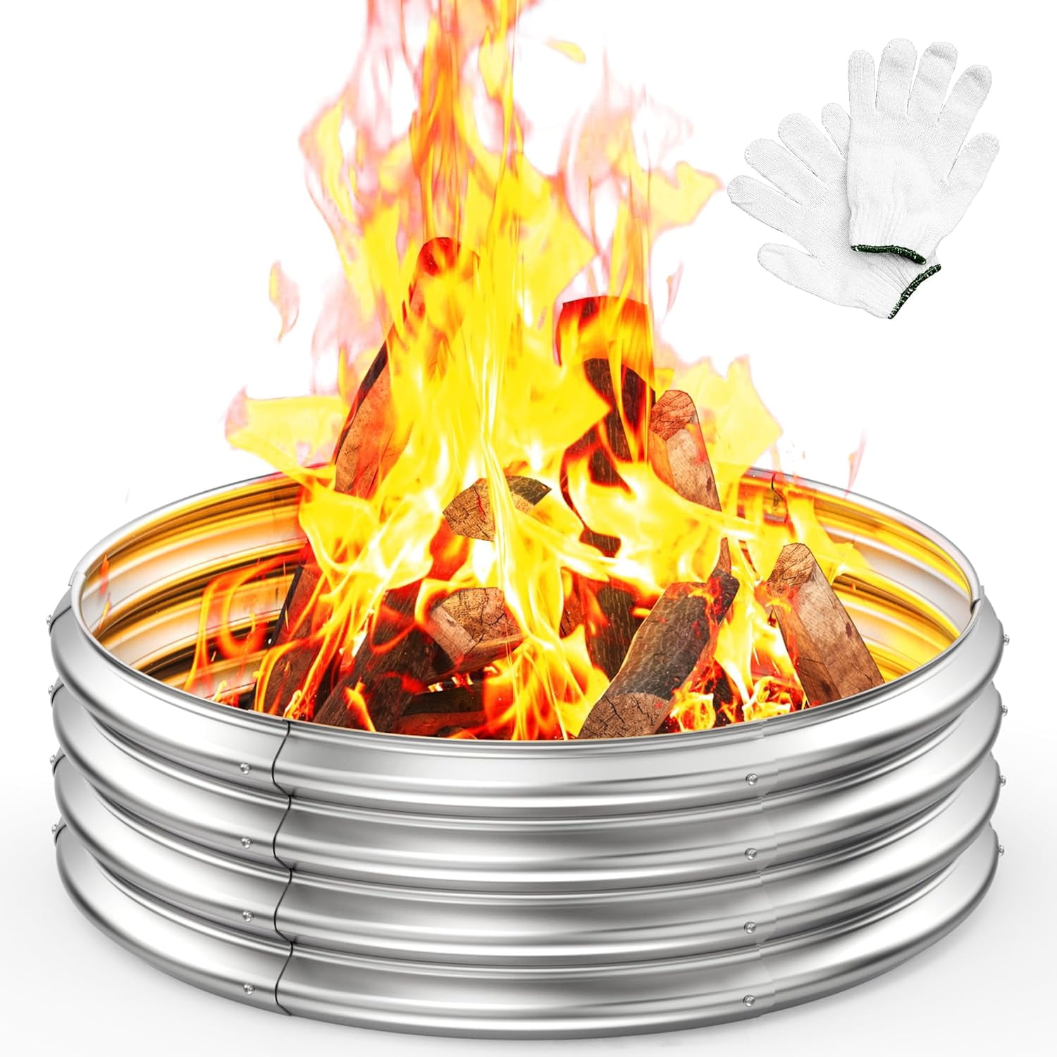 5FT Round Outdoor Fire Pit Ring, Heavy-Duty Galvanized Steel Fire Ring ...