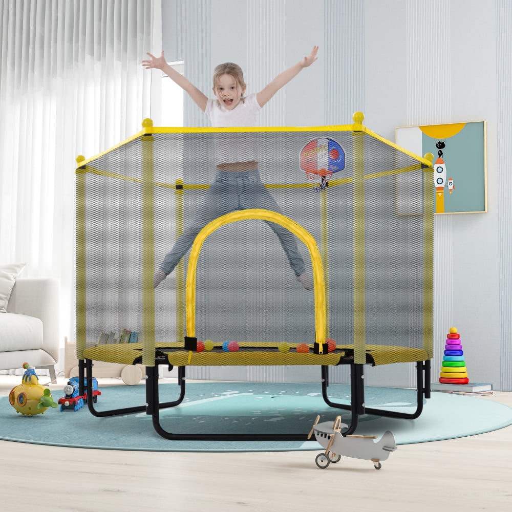 5FT Trampoline for Kids with Safety Enclosure Net Basketball Hoop, Mini ...