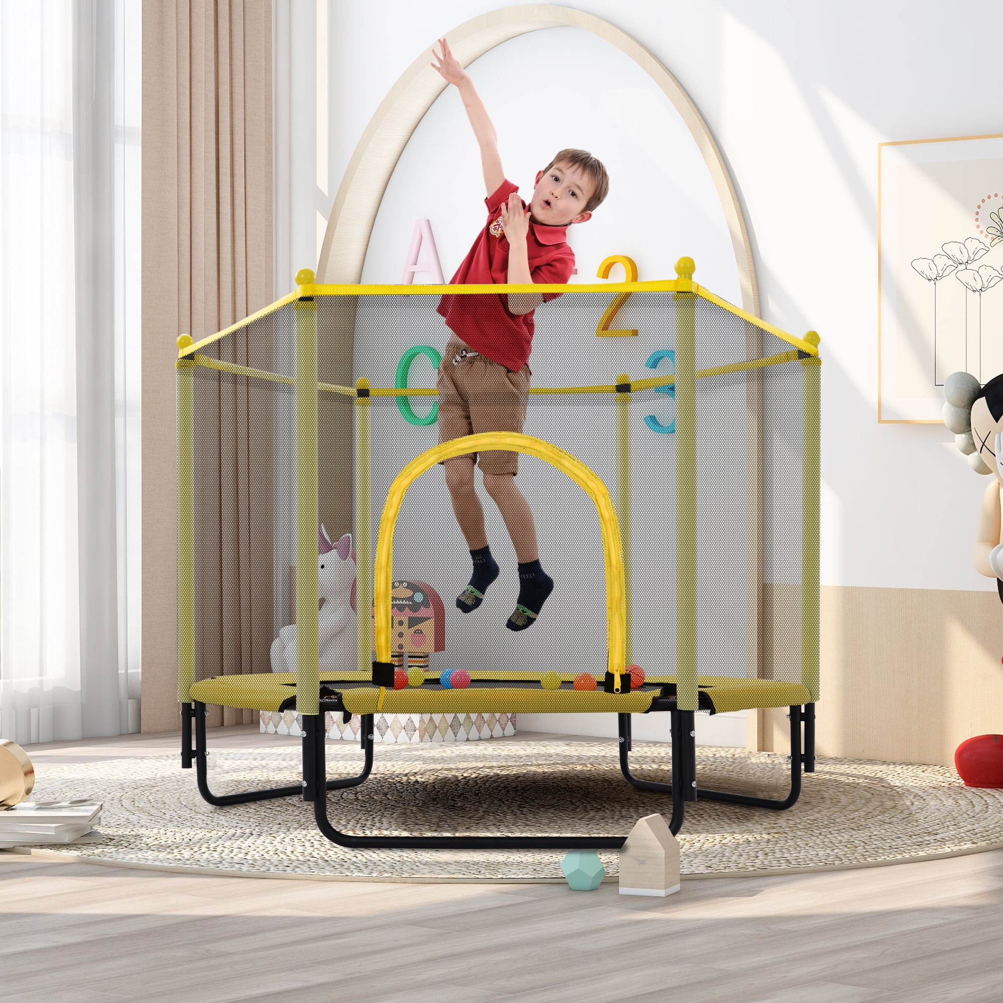 5FT Trampoline with Safety Enclosure Net, Outdoor & Indoor Mini Toddler ...