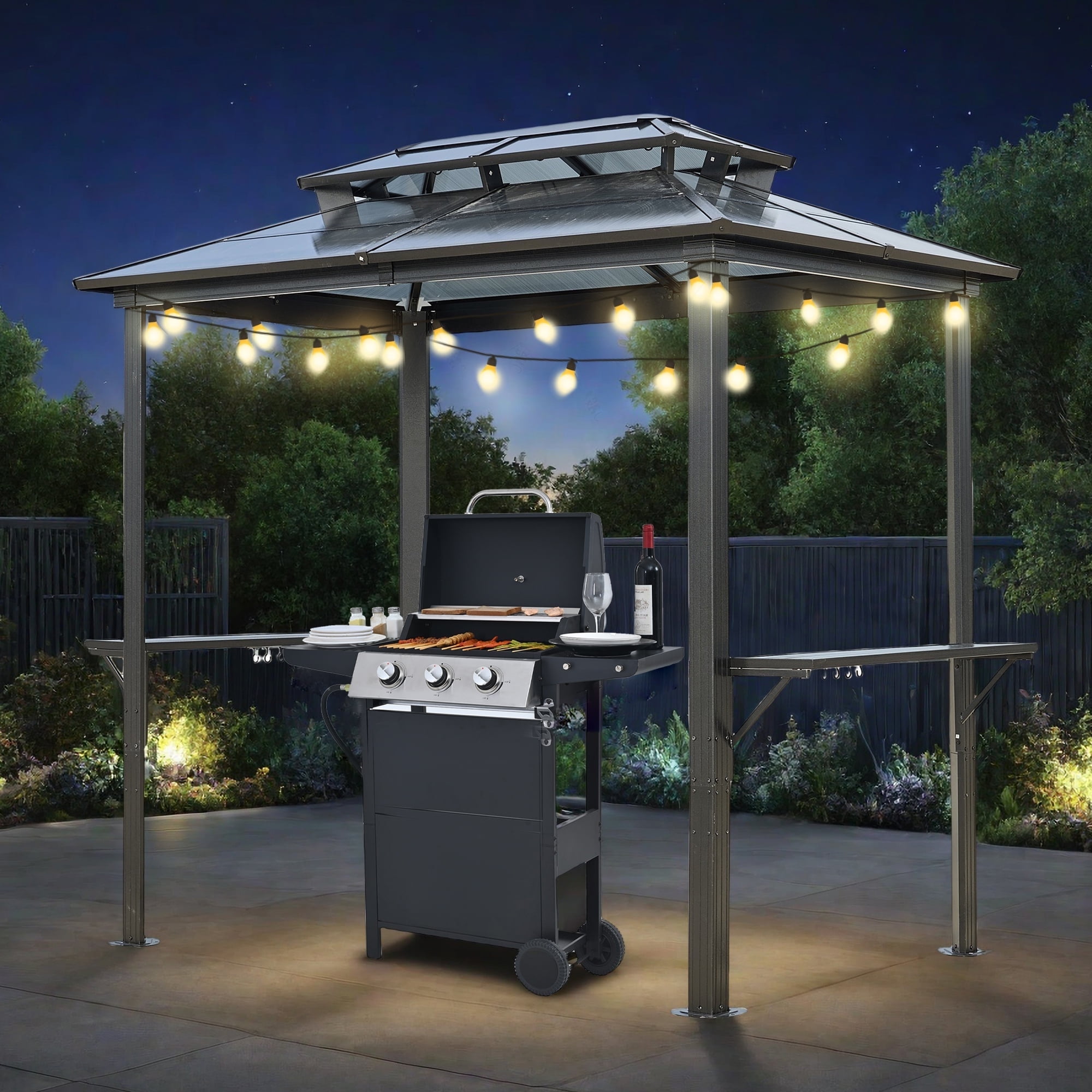 5FT x 8FT Double Roof Aluminum BBQ Grill Gazebo with Grey Polycarbonate ...