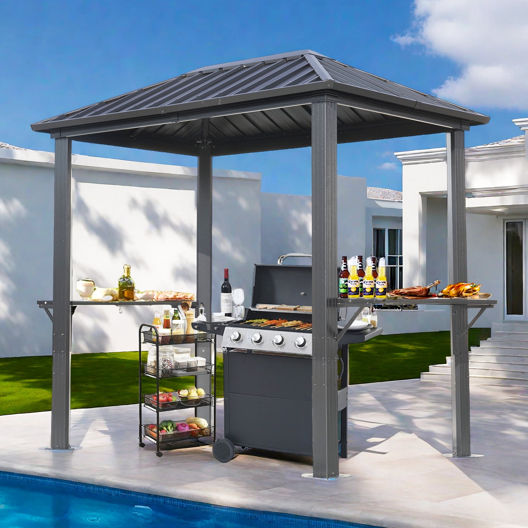 5FT x 8FT Single Hardtop Iron-Roof Aluminum Frame BBQ Gazebo for ...
