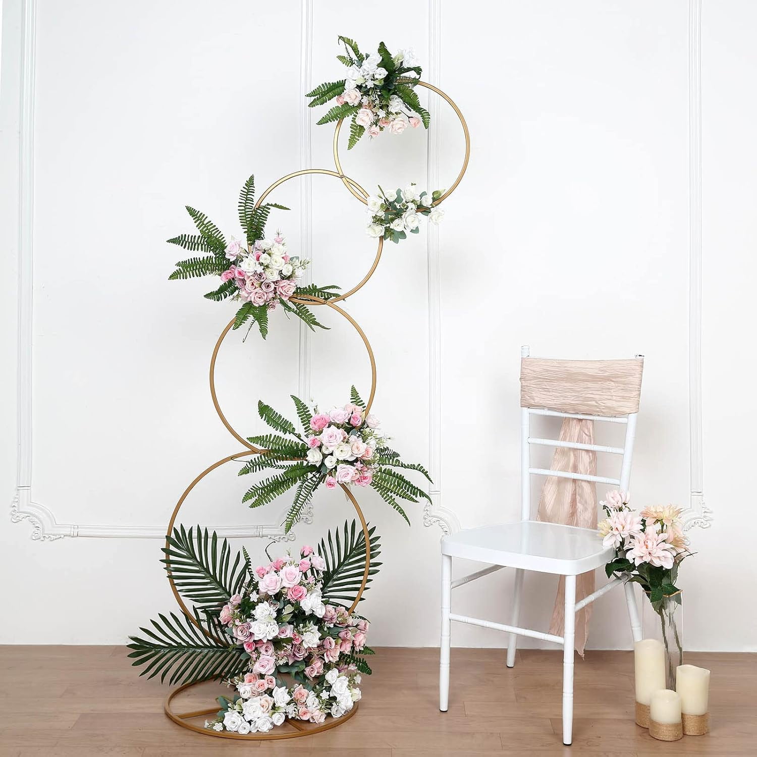 5Ft | 4-Tiered Gold Hoop Pillar Flower Stand, Metal Wedding Arch Table ...