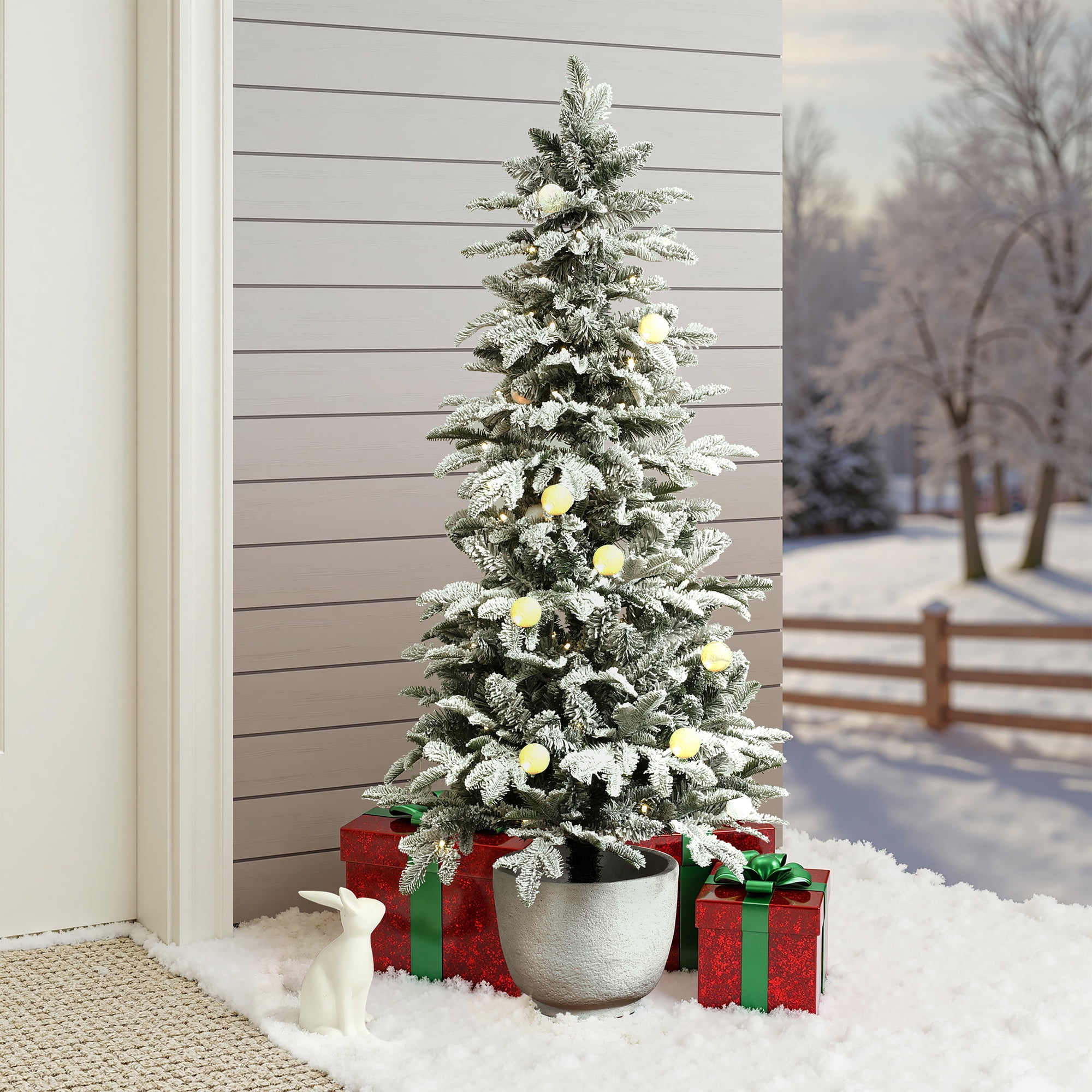 5Ft Flocked Artificial Tree Potted and Pre-Lit with 100 Lights ...