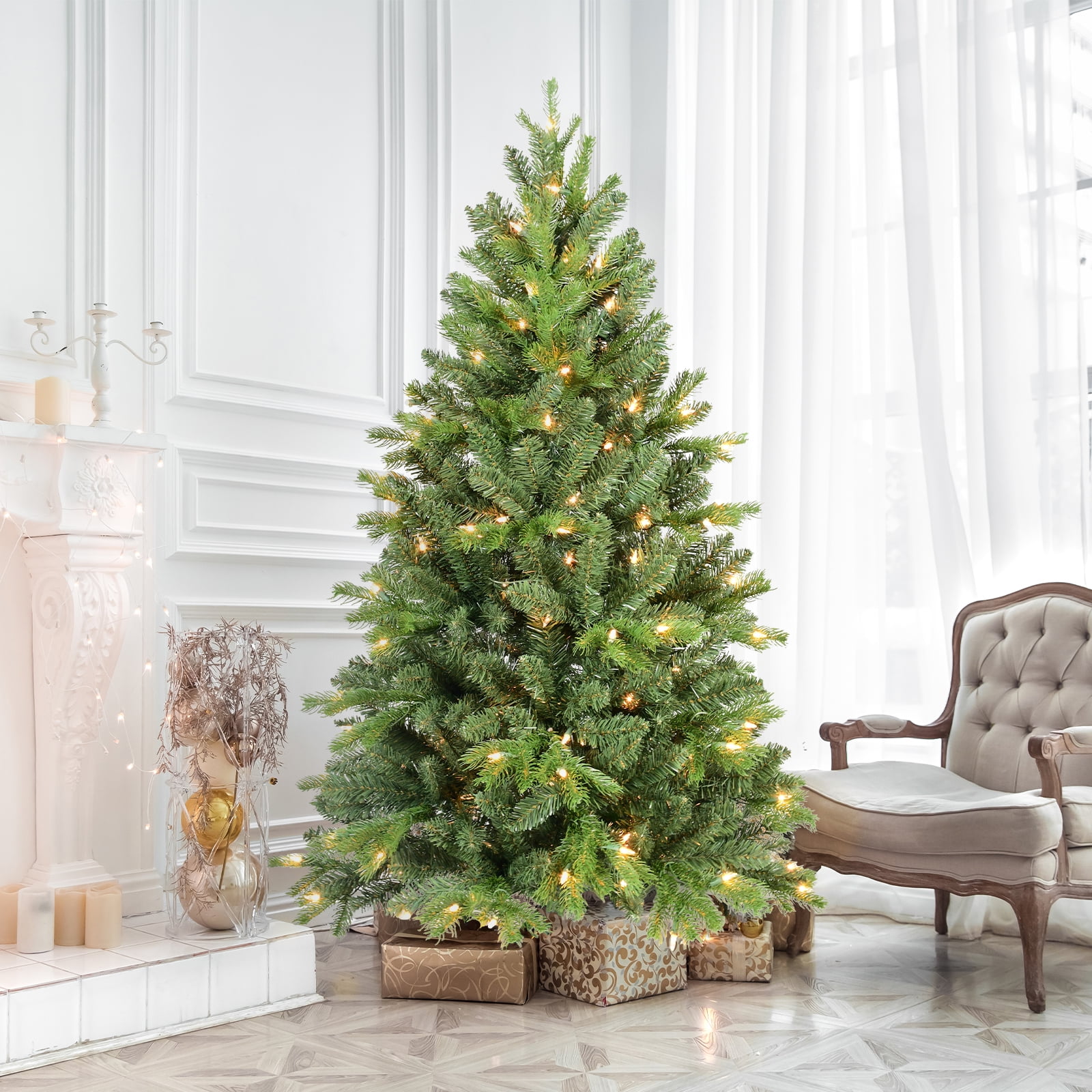 5Ft Pre-Lit Slim Christmas Tree, Green, Fir Xmas 'Feel Real' Artificial ...