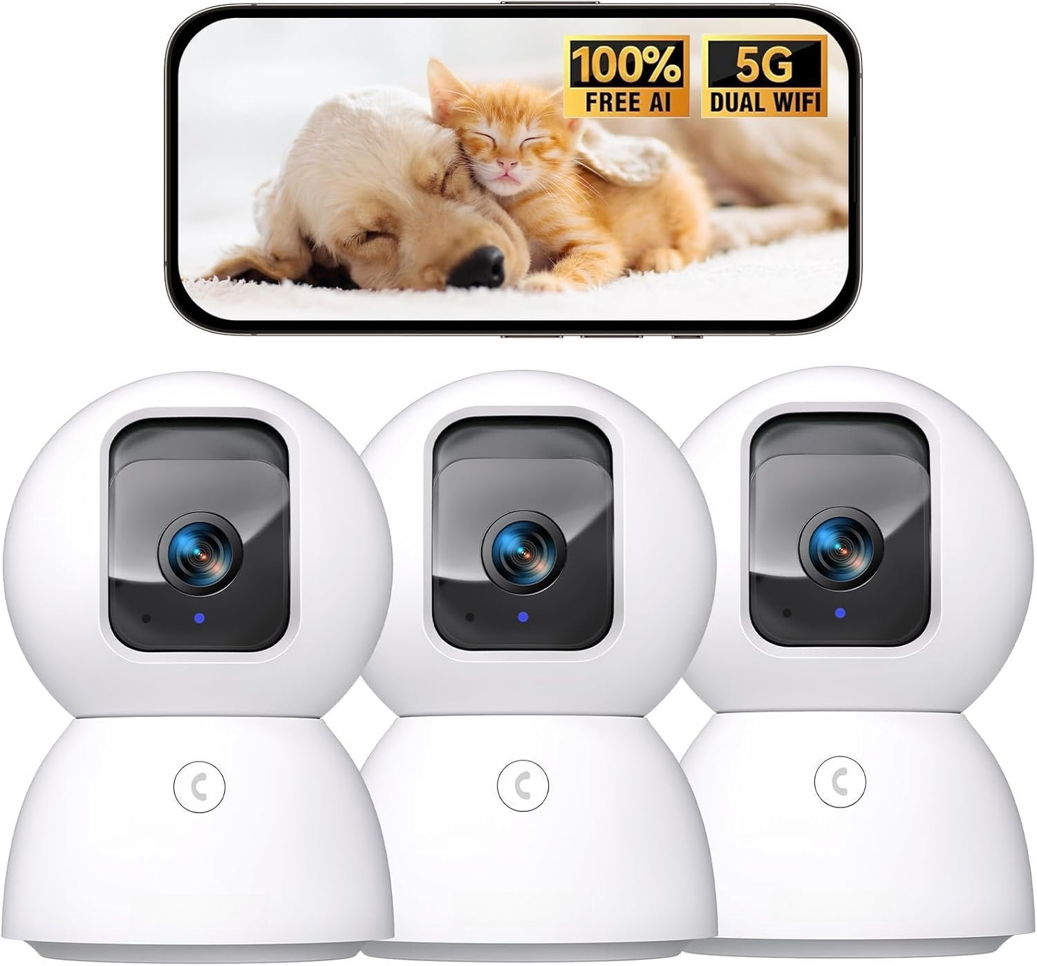 5G Camera Indoor 3-Pack, No-Monthly-Fee AI Facial Recognition, 3K Pet ...