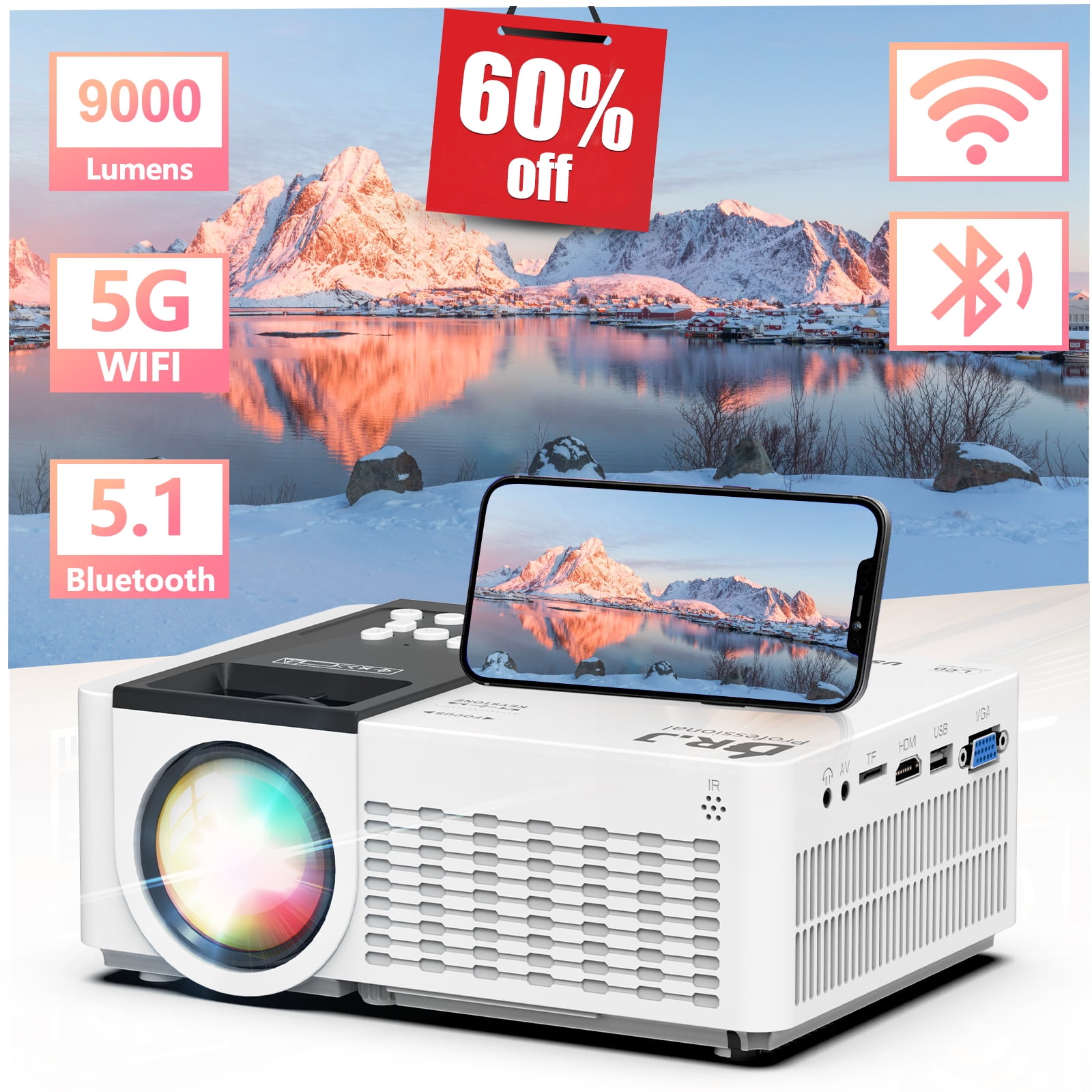 5G WiFi Projector with Bluetooth 5.1, 9000 Lumens HD Movie Projector ...