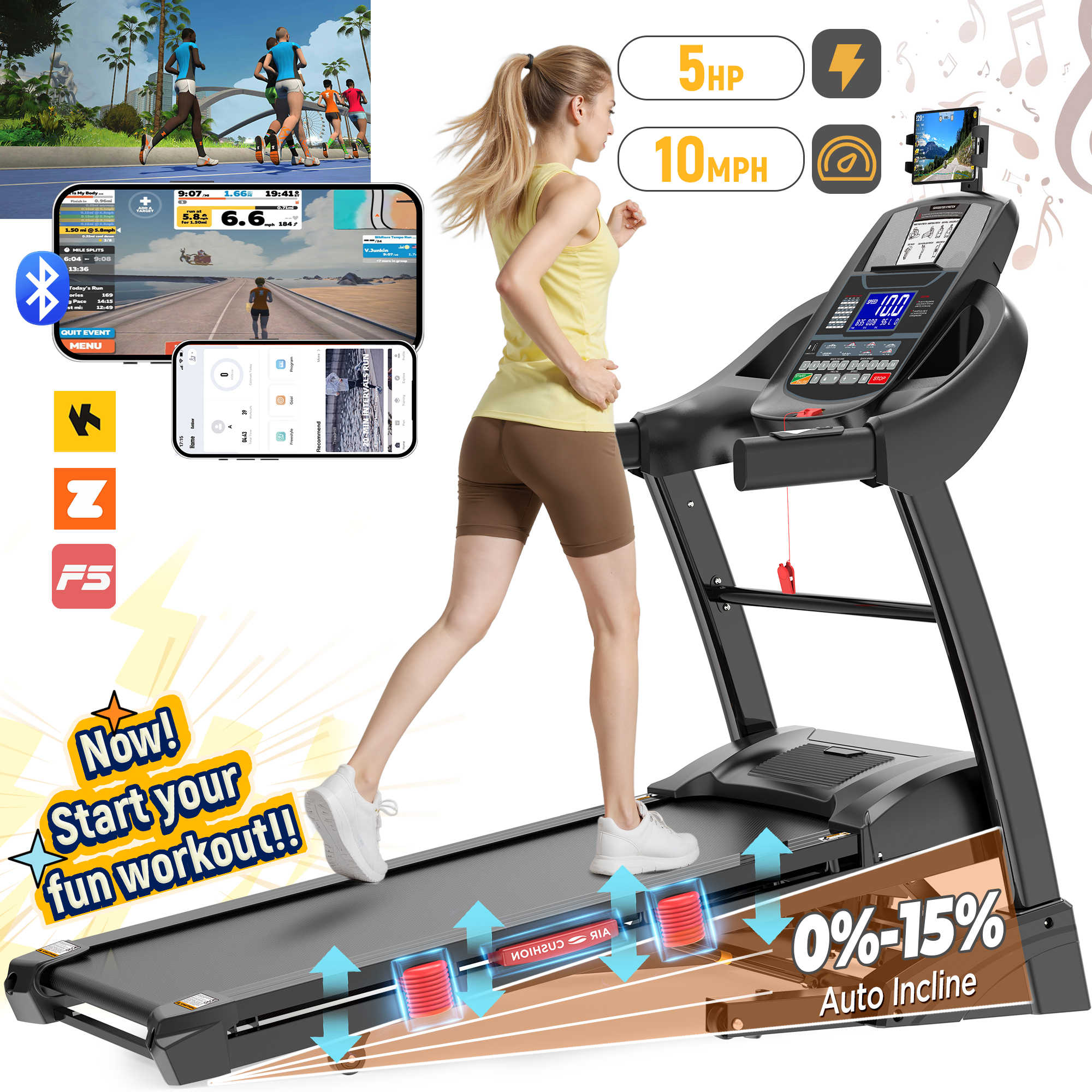 5HP Folding Treadmill with 300lb Capacity, Portable Treadmill with 15 ...