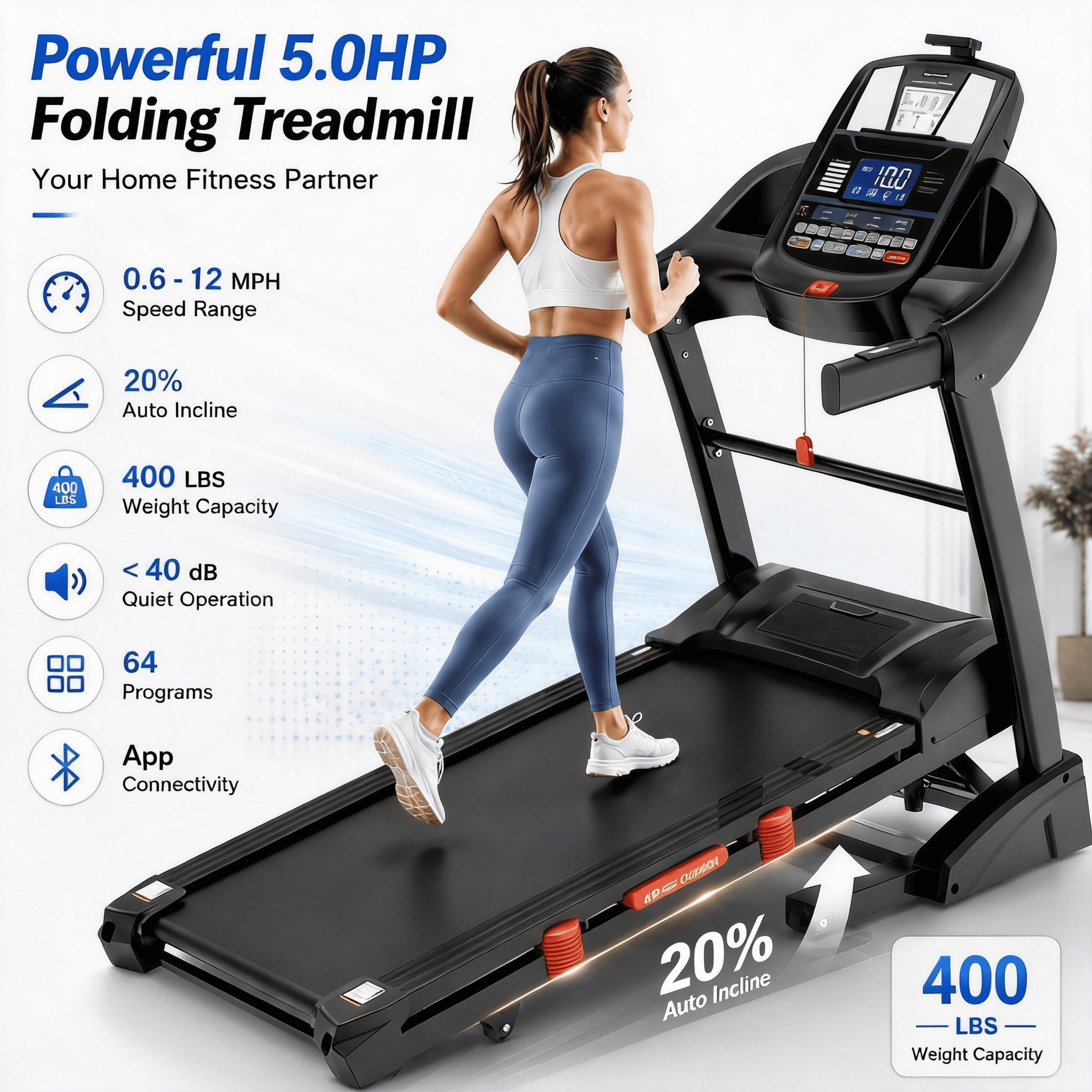 5HP Folding Treadmill for Home with 20Level Auto Incline, 12 MPH Speed ...