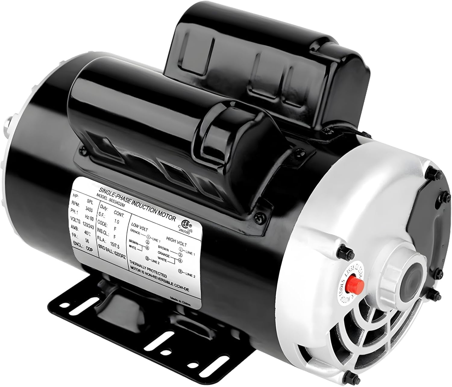 5HP SPL 3450RPM Air Compressor Motor, 230V 60 Hz, 5/8" Keyed Shaft, 56 ...