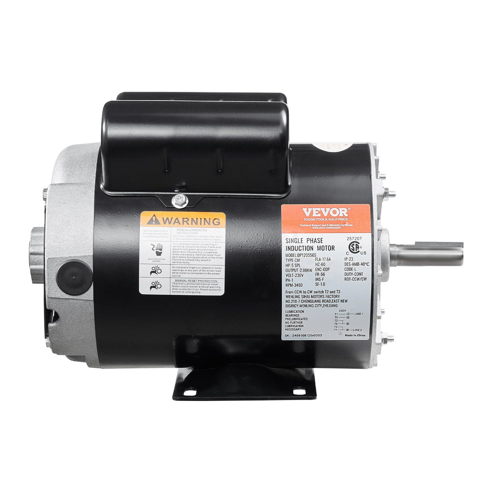 5HP SPL Air Compressor Motor 230V 17.6A 3450RPM 56 Frame CW/CCW ...