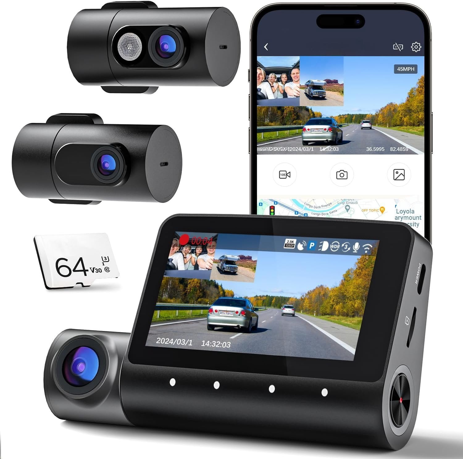 5K 3 Dash Cam, 5G Built-in GPS with 64GB Card, 4K+1080P+1080P Front and ...