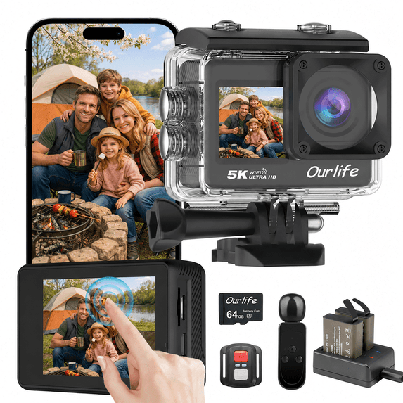 Ourlife Action Camera, 5K 50MP Ultra HD, Dual Touch Screen, 170° Wide ...