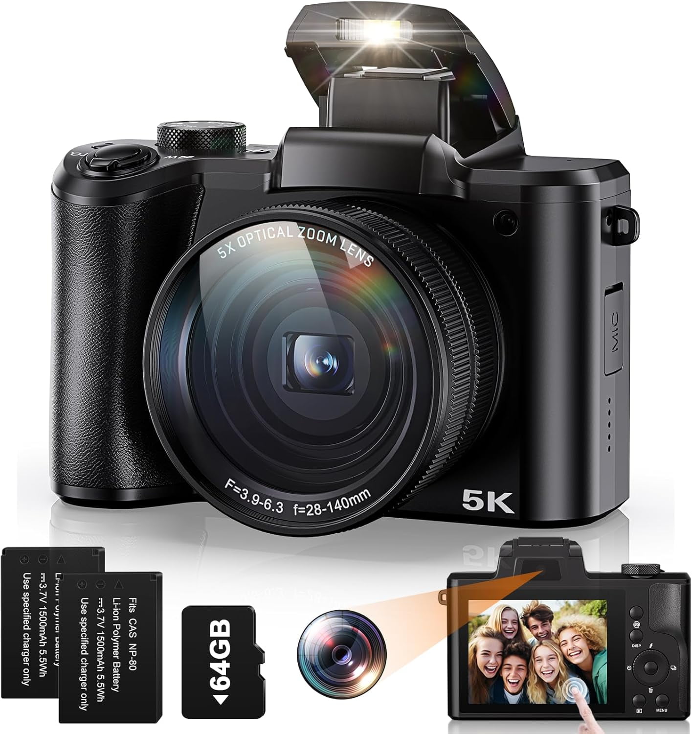 5K Digital Camera 5X Optical Zoom Cameras for Photography, 64MP Front ...