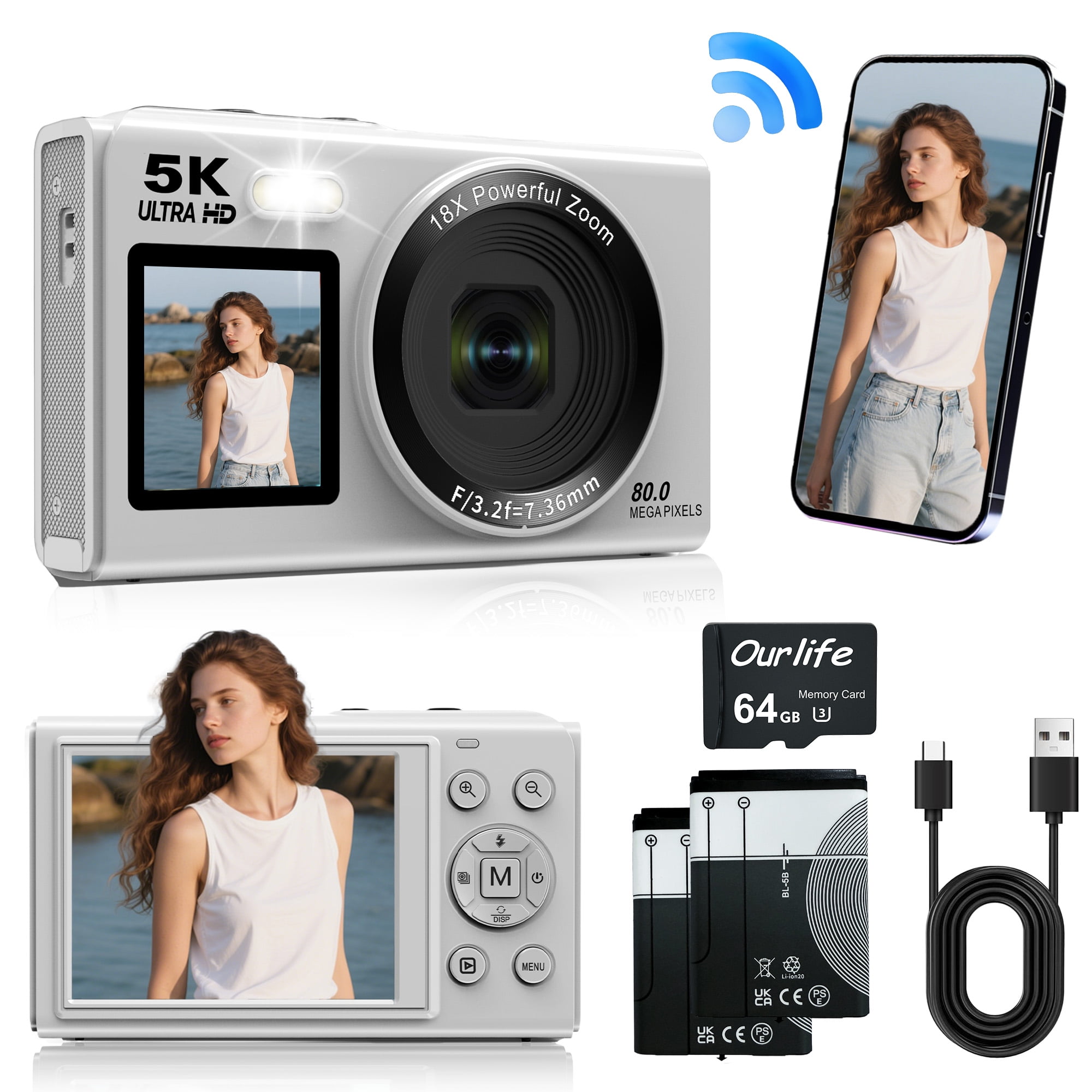 Ourlife Dual Screens 5K Digital Camera for Vlogging - 80MP, 18X Zoom ...